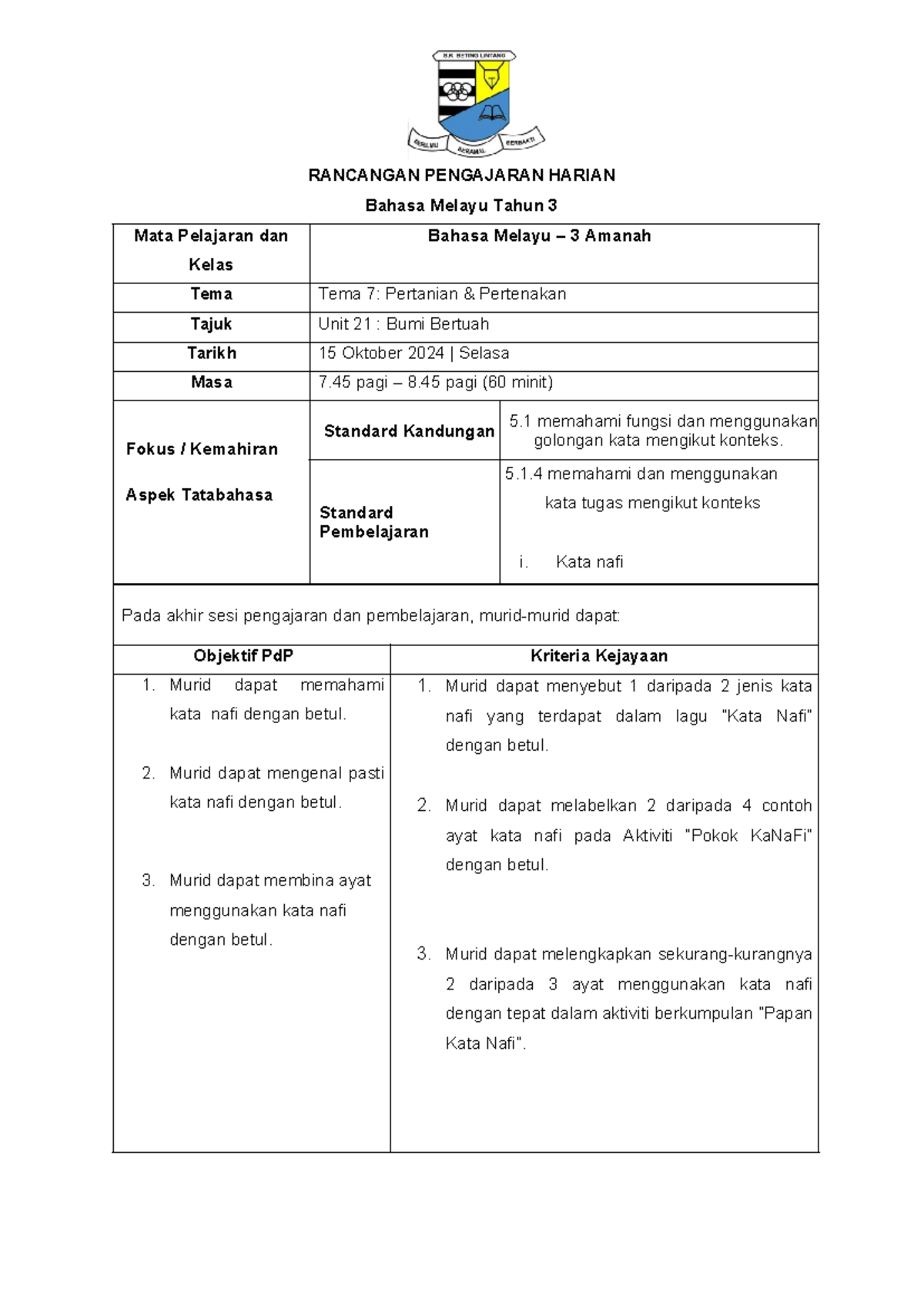 RPH M7 Selasa BM - rph bahasa melayu tahun 5 - RANCANGAN PENGAJARAN HARIAN Bahasa Melayu Tahun 3 ...