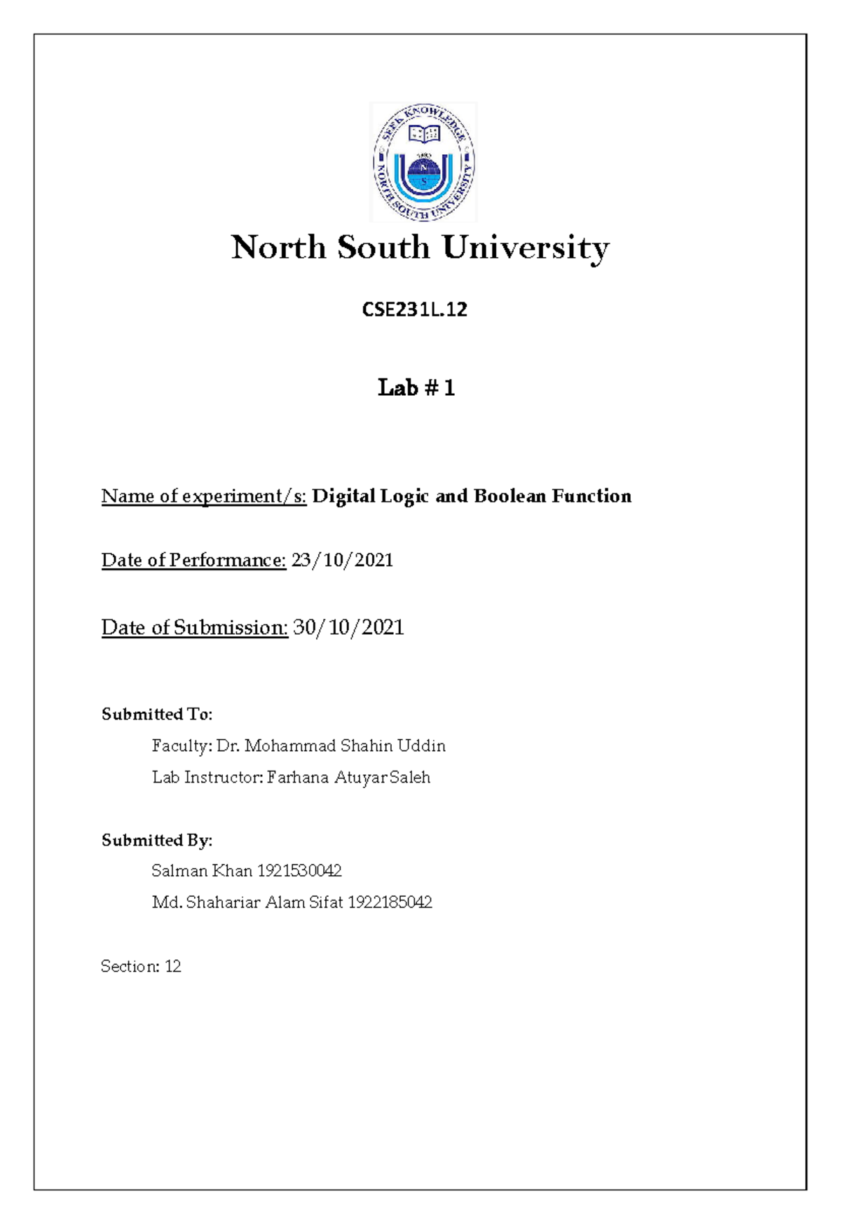 Lab Report 1 - North South University CSE231L. Lab # 1 Name of experiment/s: Digital Logic and ...