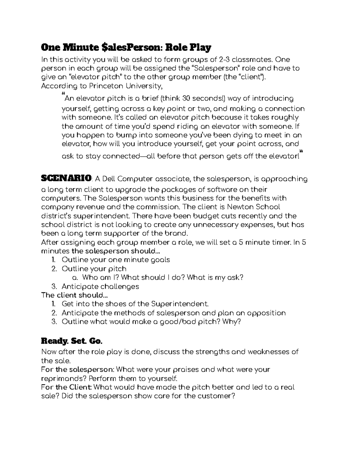 Selling Activity - One Minute $alesPerson: Role Play In this activity ...