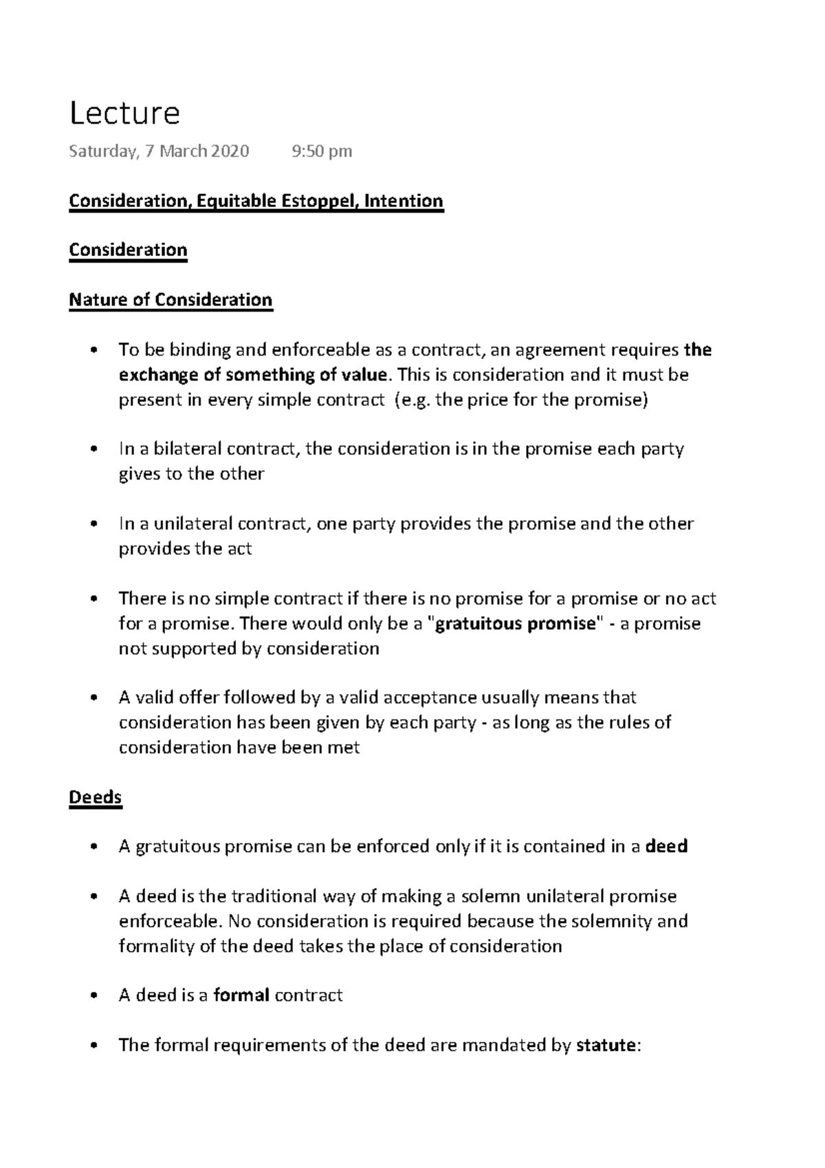 Lecture Three - Consideration, Equitable Estoppel, Intention Consideration Nature of ...
