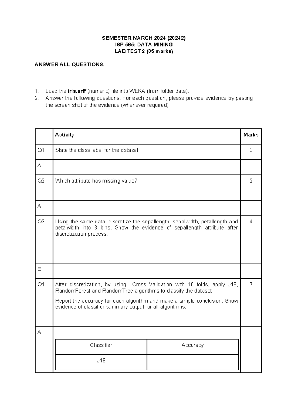 LAB TEST 2-Q - SEMESTER MARCH 2024 (20242) ISP 565: DATA MINING LAB ...