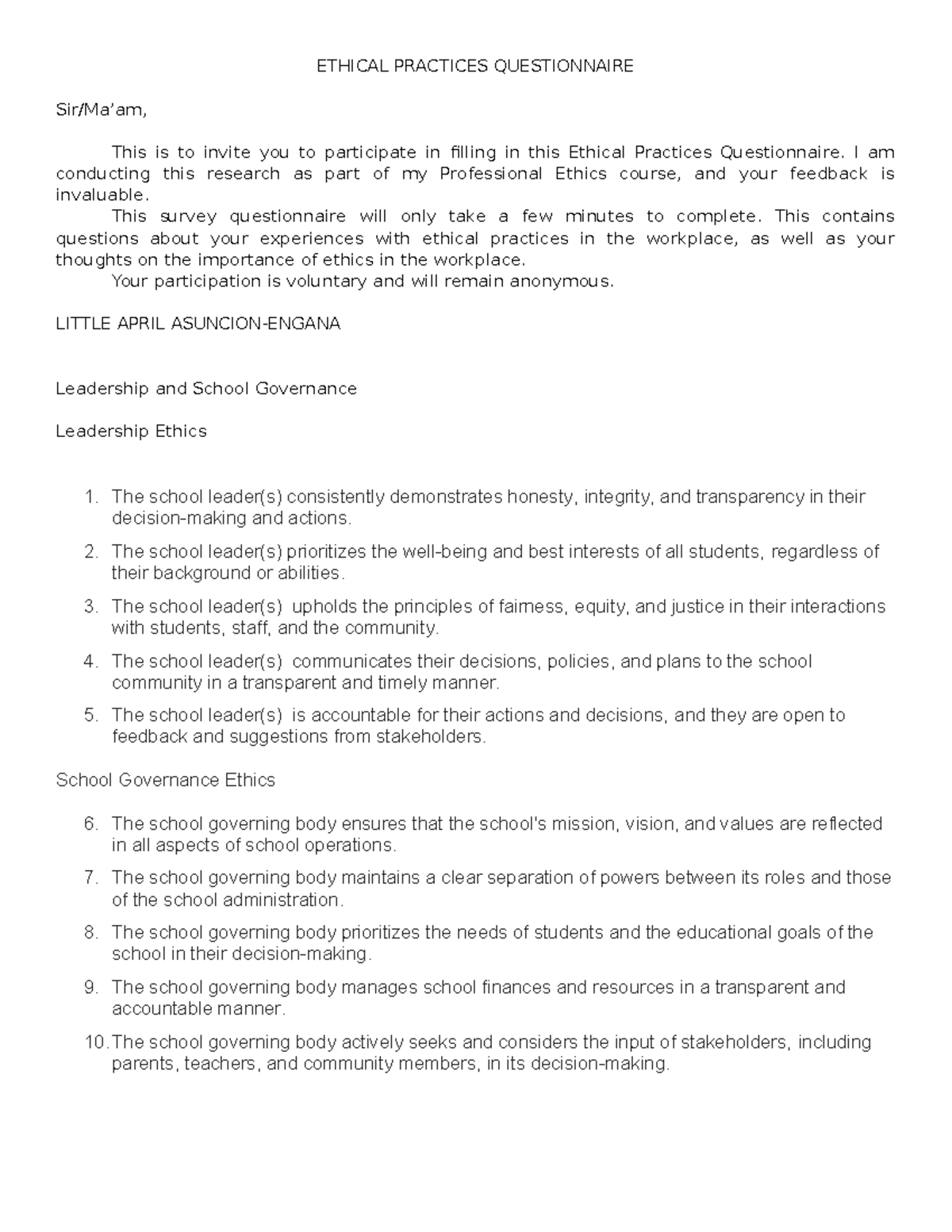 Ethical- Practices- Questionnaire - I am conducting this research as ...