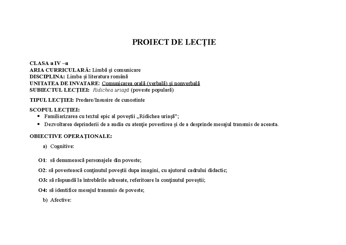 Comunicare orală - Proiect didactic - PROIECT DE LECȚIE CLASA a IV –a ...
