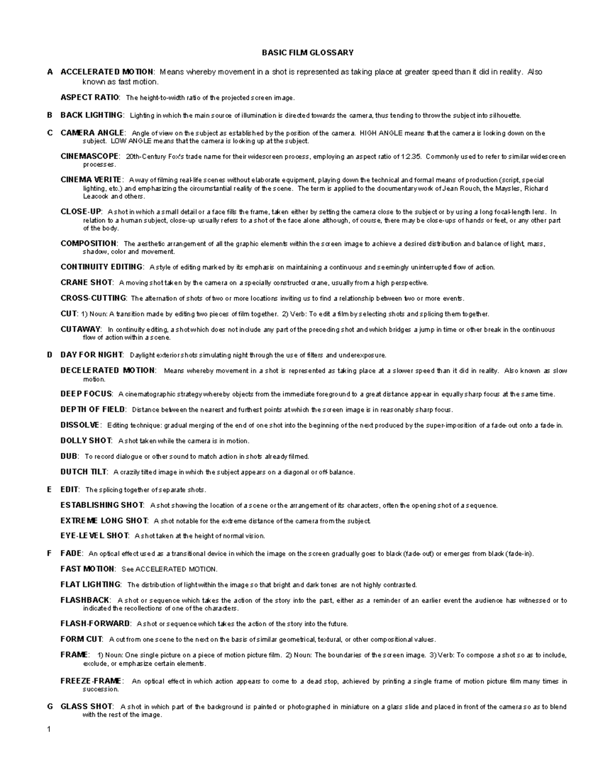 Basic Film Technique Glossary - BASIC FILM GLOSSARY A ACCELERATED ...