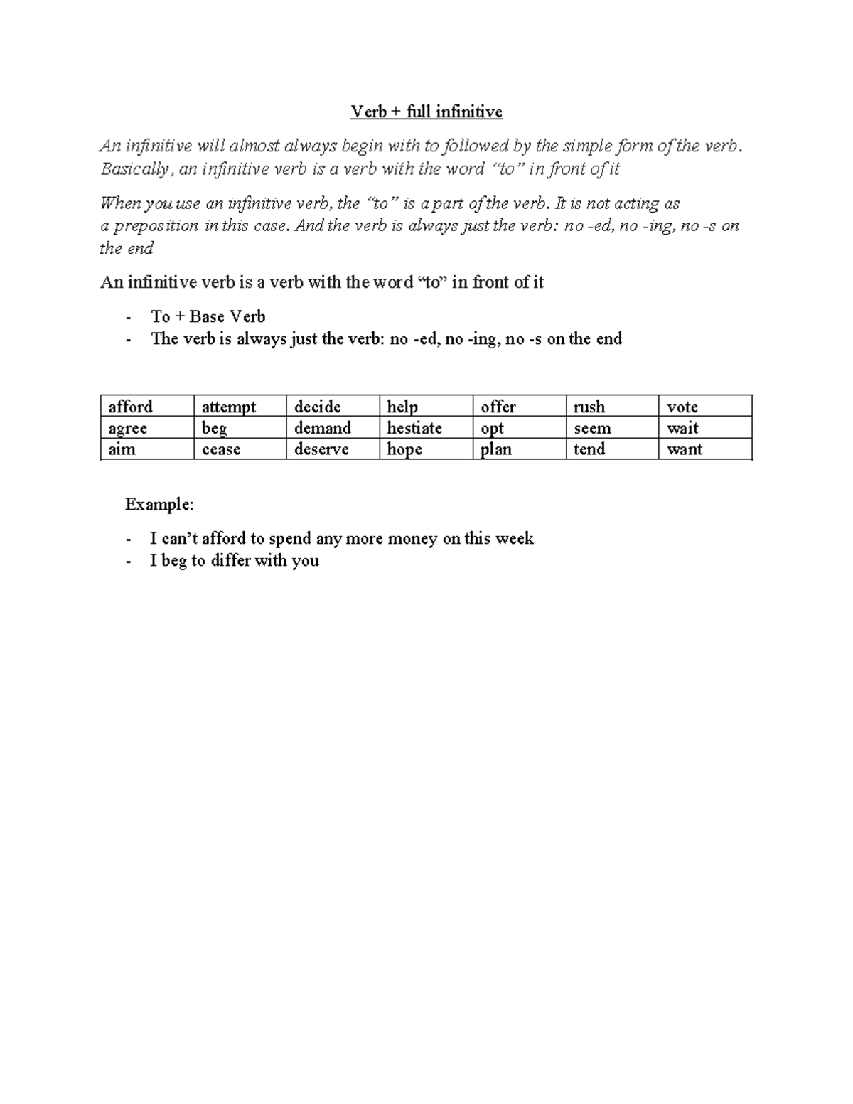 Verbfull-infinitive - Hsnsj - Verb + full infinitive An infinitive will ...