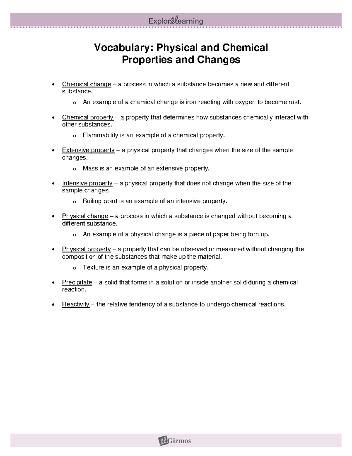 Physical Chemical Properties Vocab - Vocabulary: Physical and Chemical ...