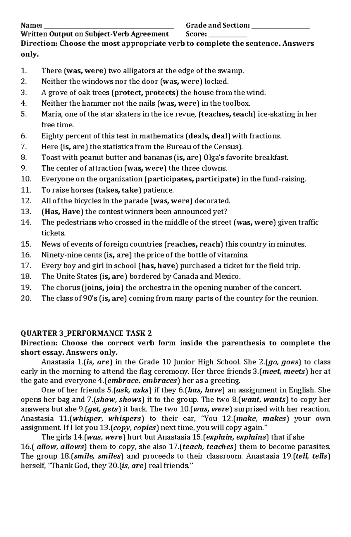 Quarter 3 WEEK 2 Subject VERB Agreement Worksheet - Name: - Studocu