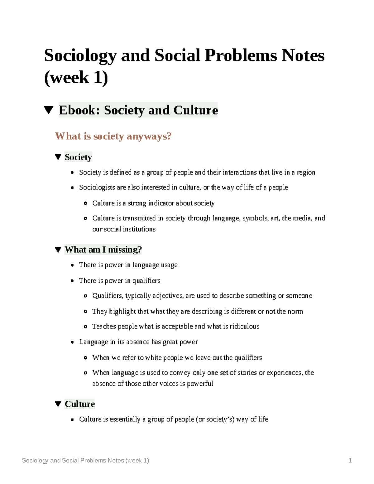 Sociology and Social Problems Notes (week 1) - The influence of culture ...