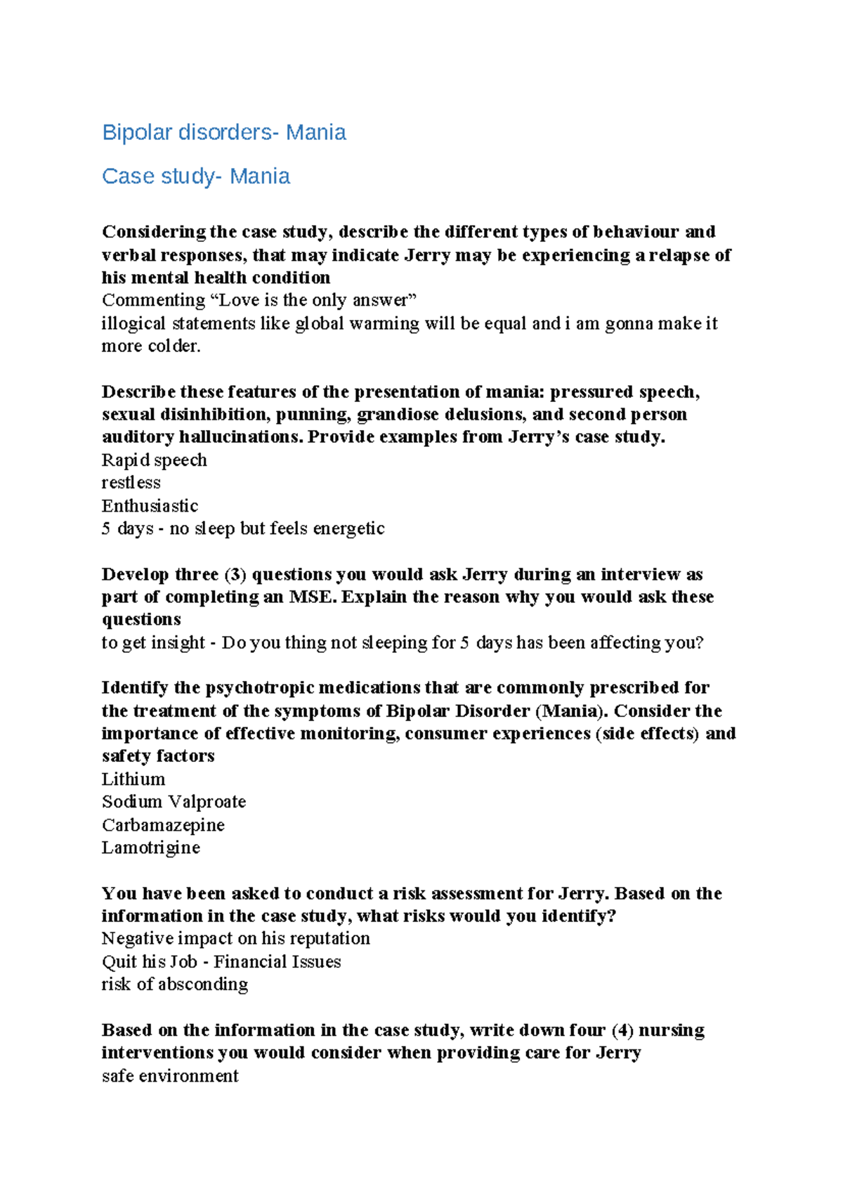 NRSG263 Case Study - Bipolar disorders- Mania Case study- Mania ...