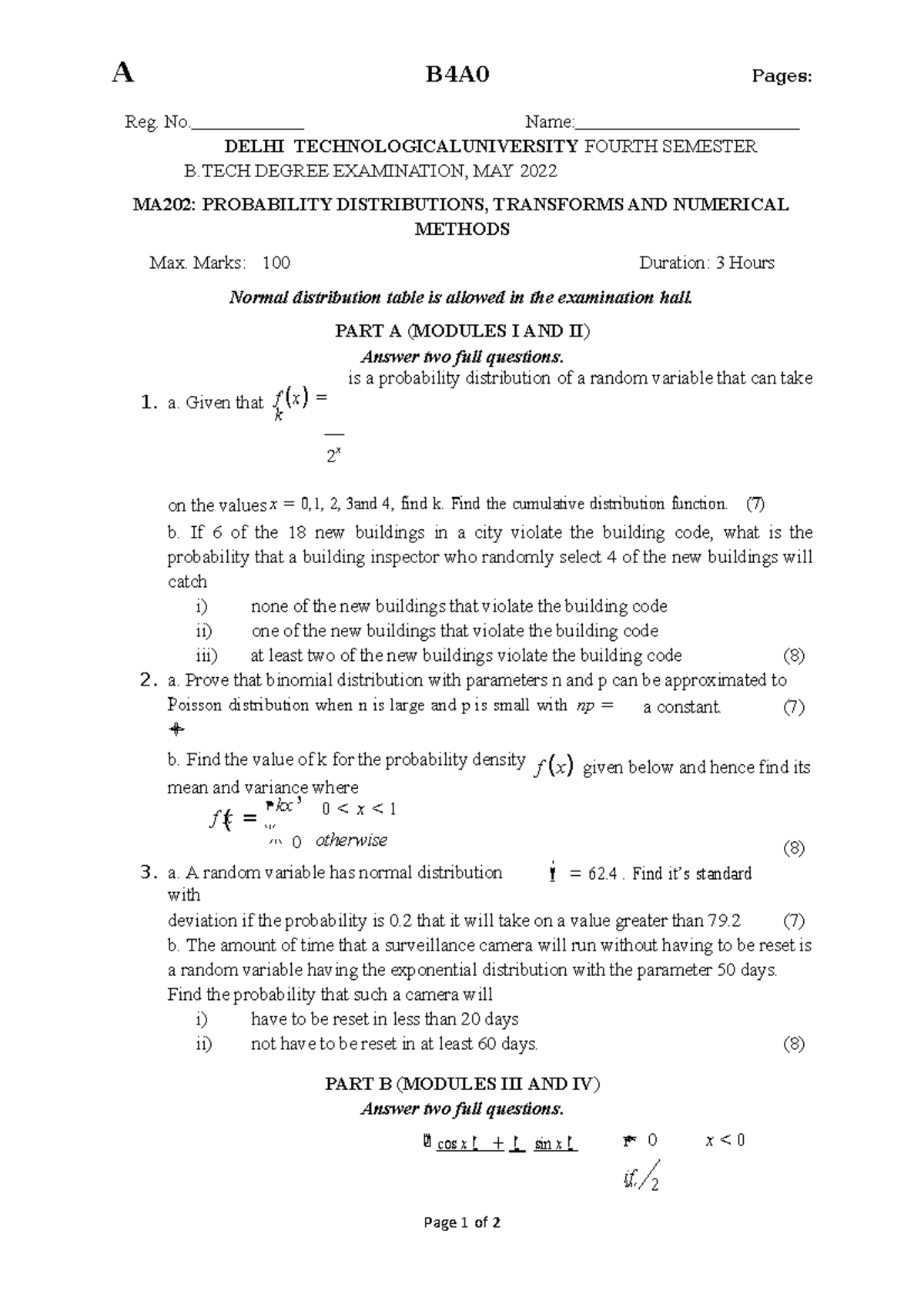Actual Test Papers for Topic Probability-1 - A B4A0 Pages: Page 1 of 2 ...