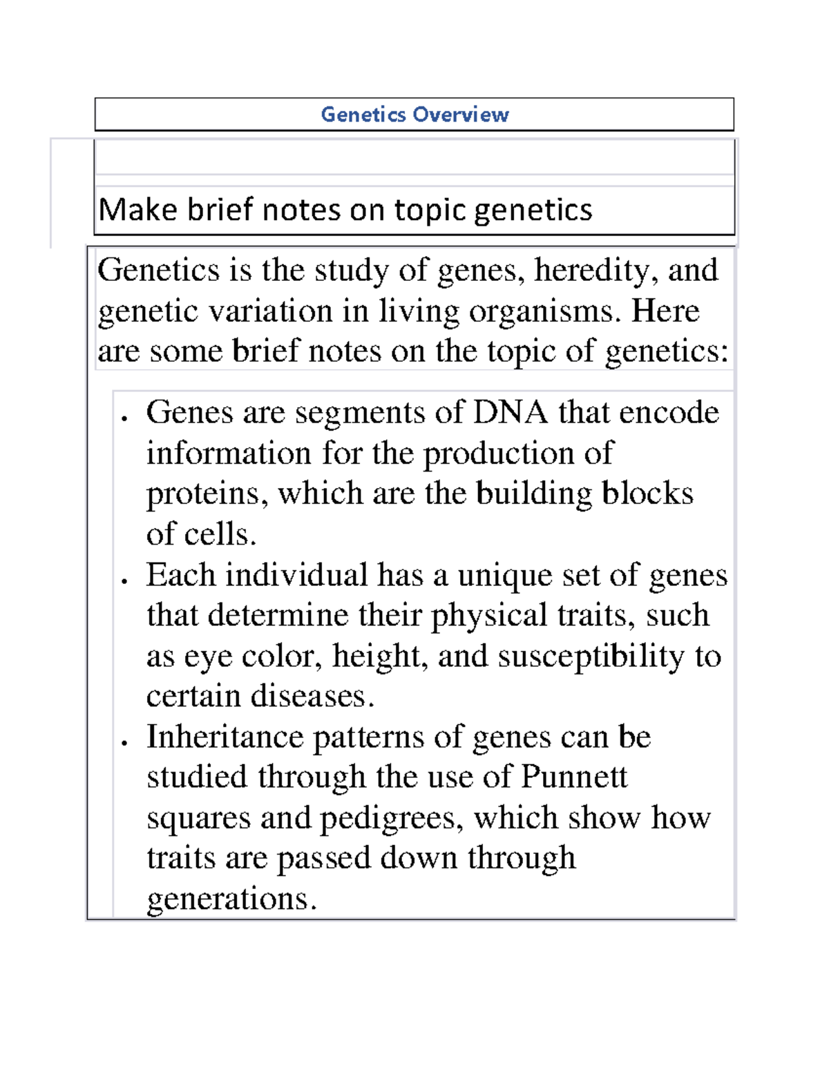 Genetics 1-3 - Genetics Overview Make brief notes on topic genetics ...
