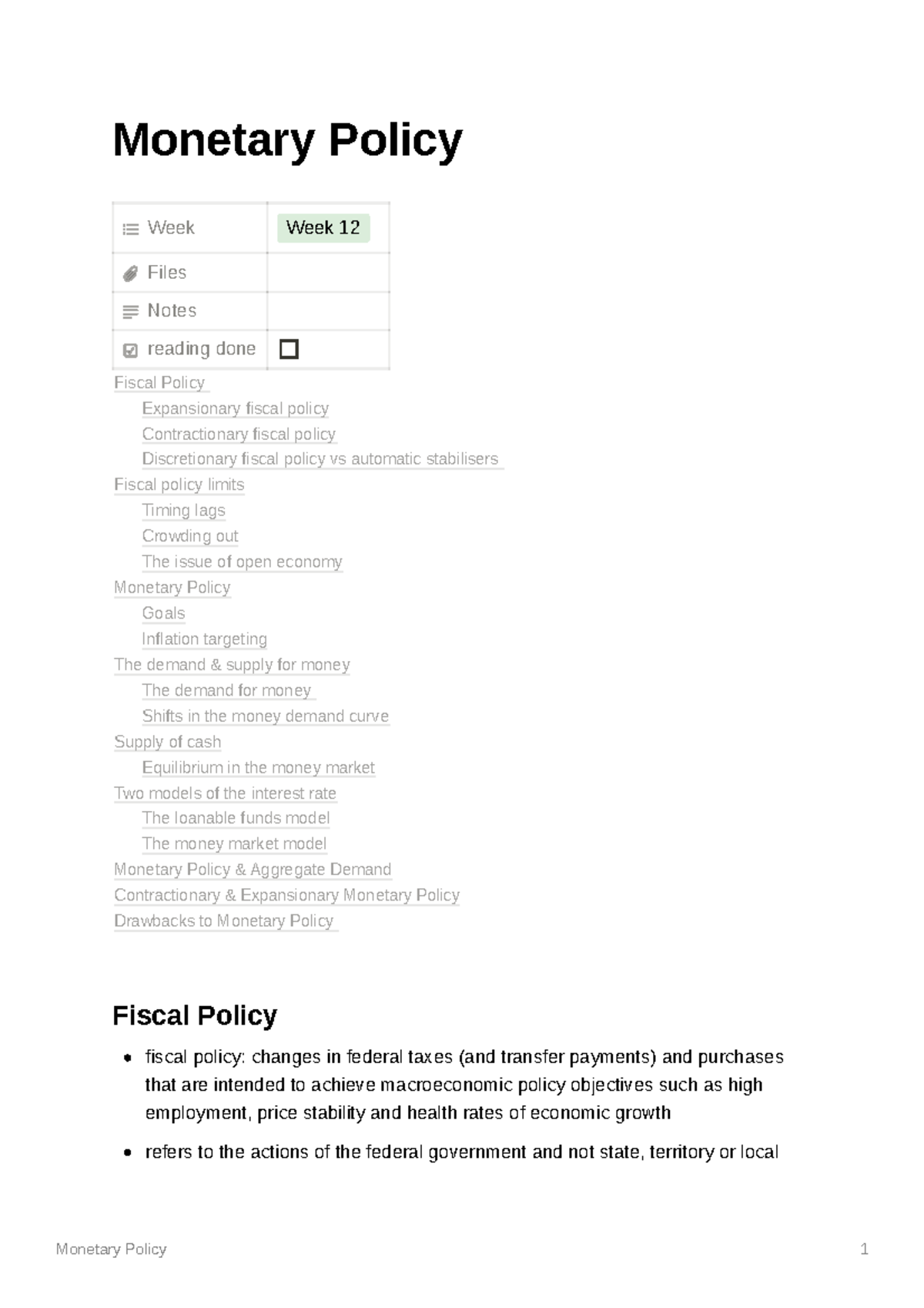 Monetary Policy Lecture Notes - Monetary Policy Week Week 12 Files ...