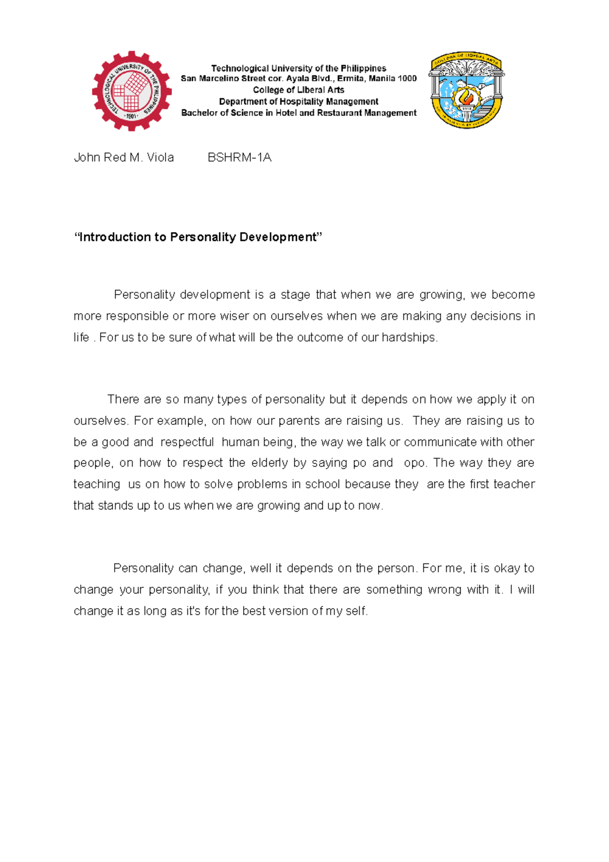Reflection Paper 2 - Here are my Essays - “Introduction to Personality ...