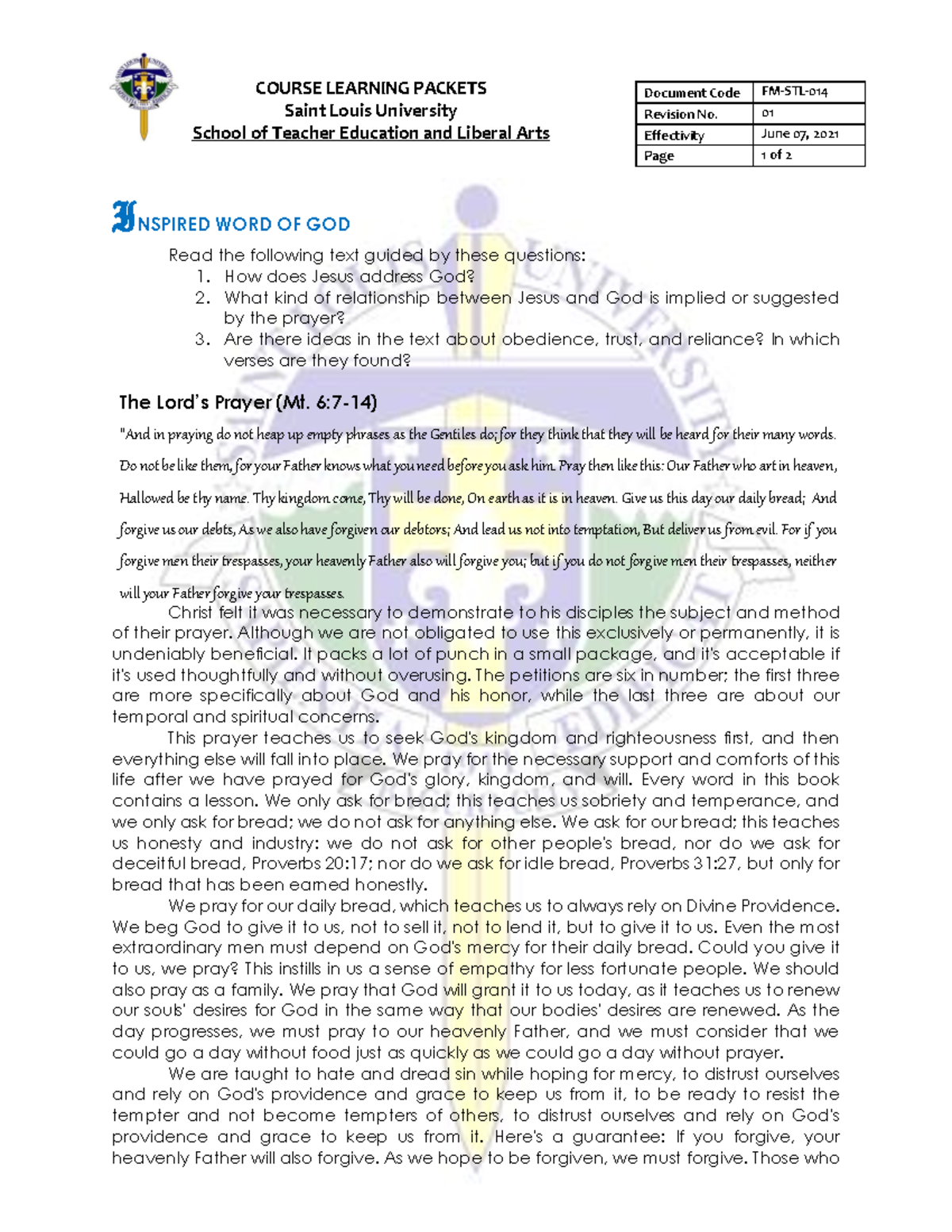 CFE 103 Module 2, Lesson 2 Inspired Word - COURSE LEARNING PACKETS ...