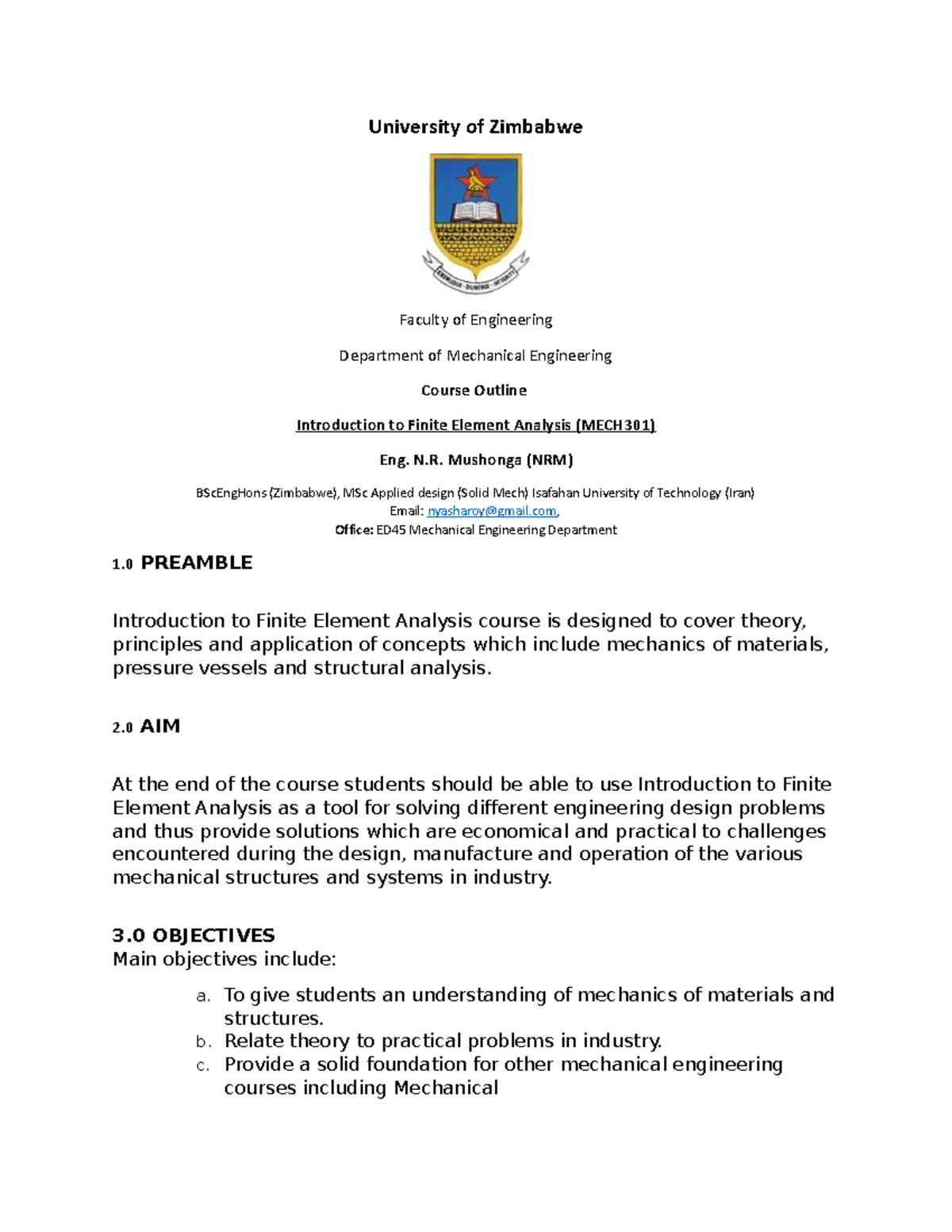 FEA Course outline - me103 - University of Zimbabwe Faculty of ...