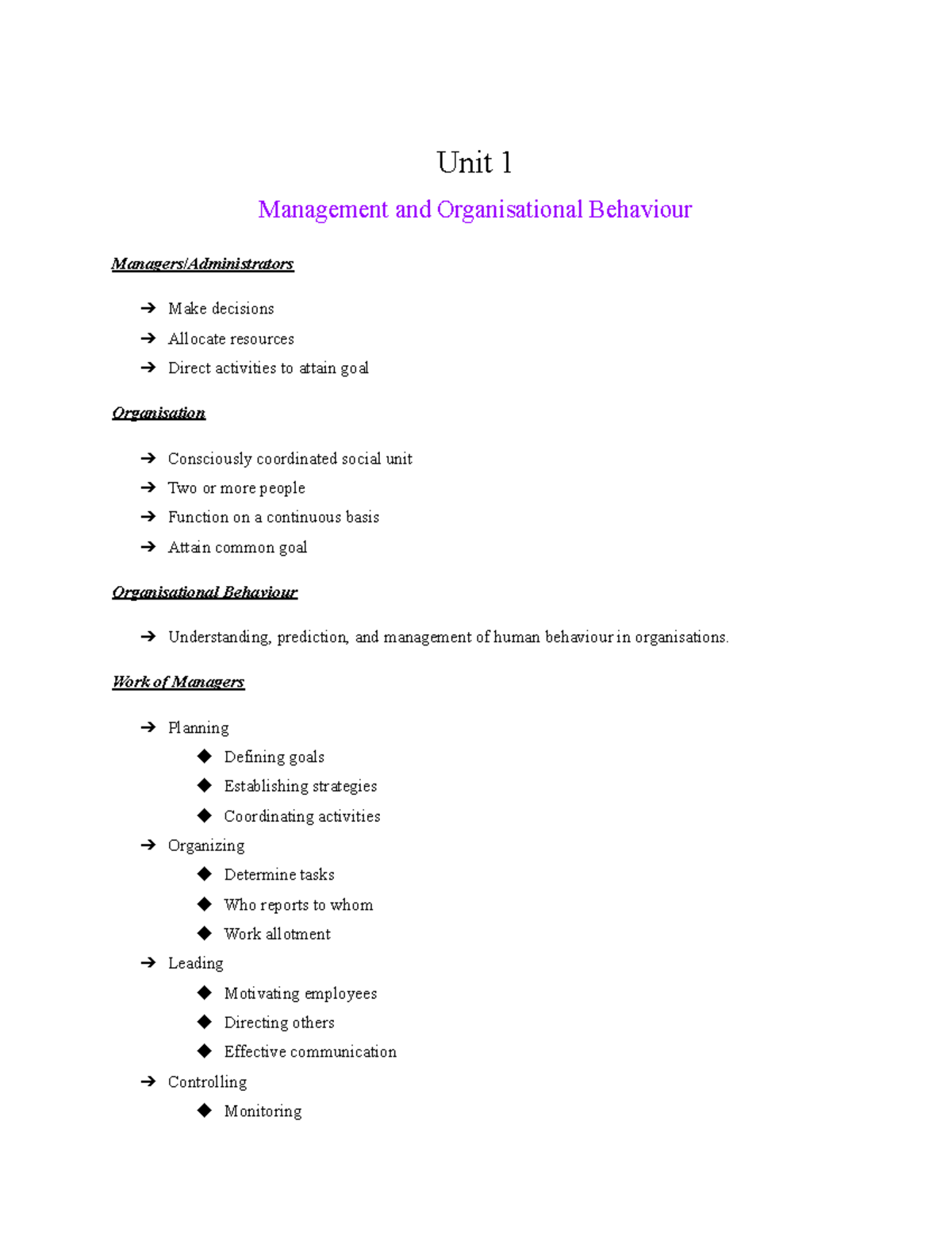 Unit 1 - Unit one in points. - Unit 1 Management and Organisational ...