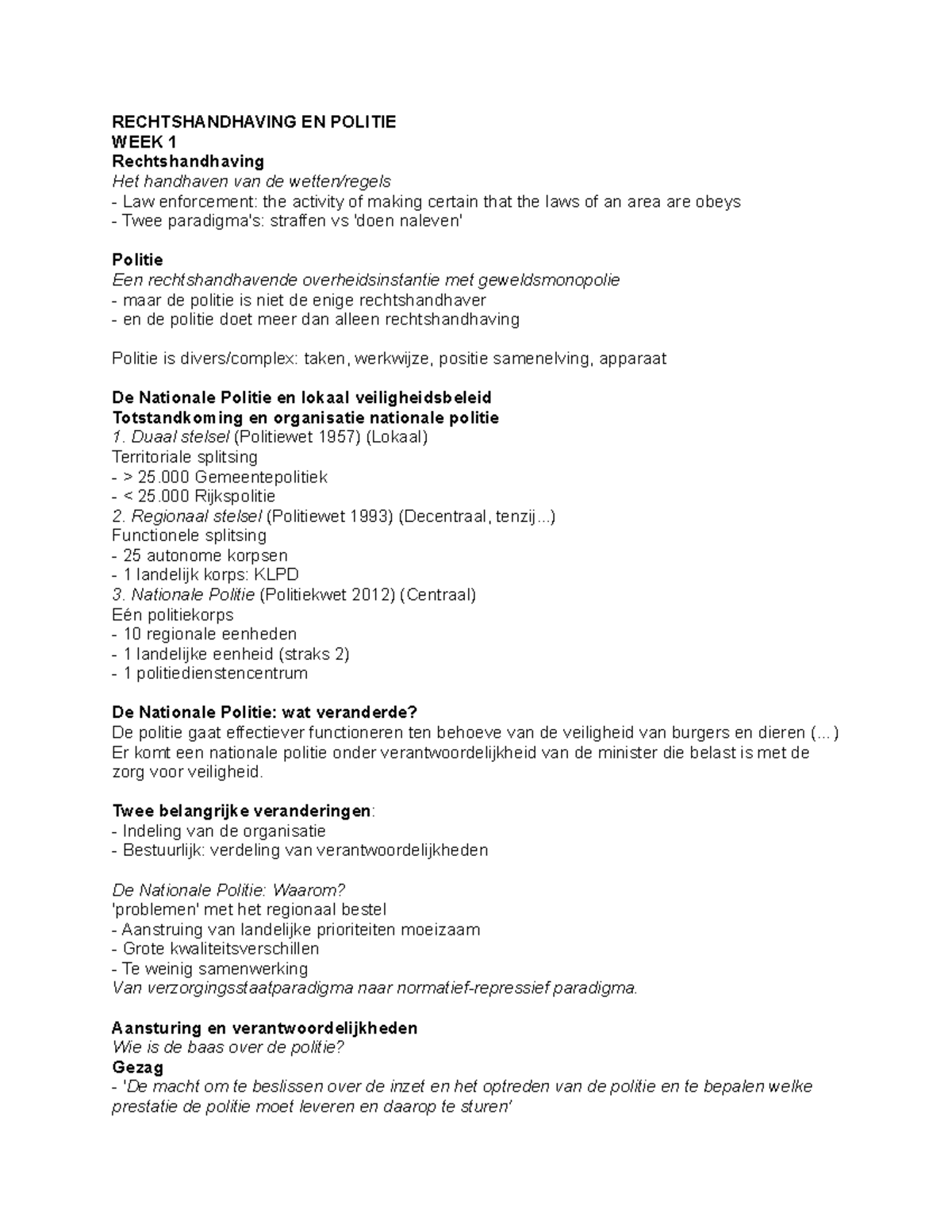 RHP HC Notes - Hoorcolleges 1 tm 4 - RECHTSHANDHAVING EN POLITIE WEEK 1 ...