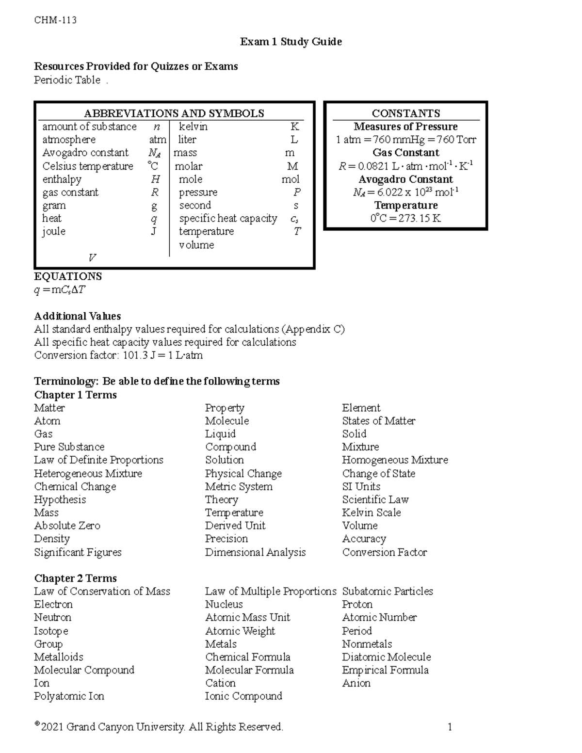CHM113 Exam 1 Study Guide - Exam 1 Study Guide Resources Provided for ...