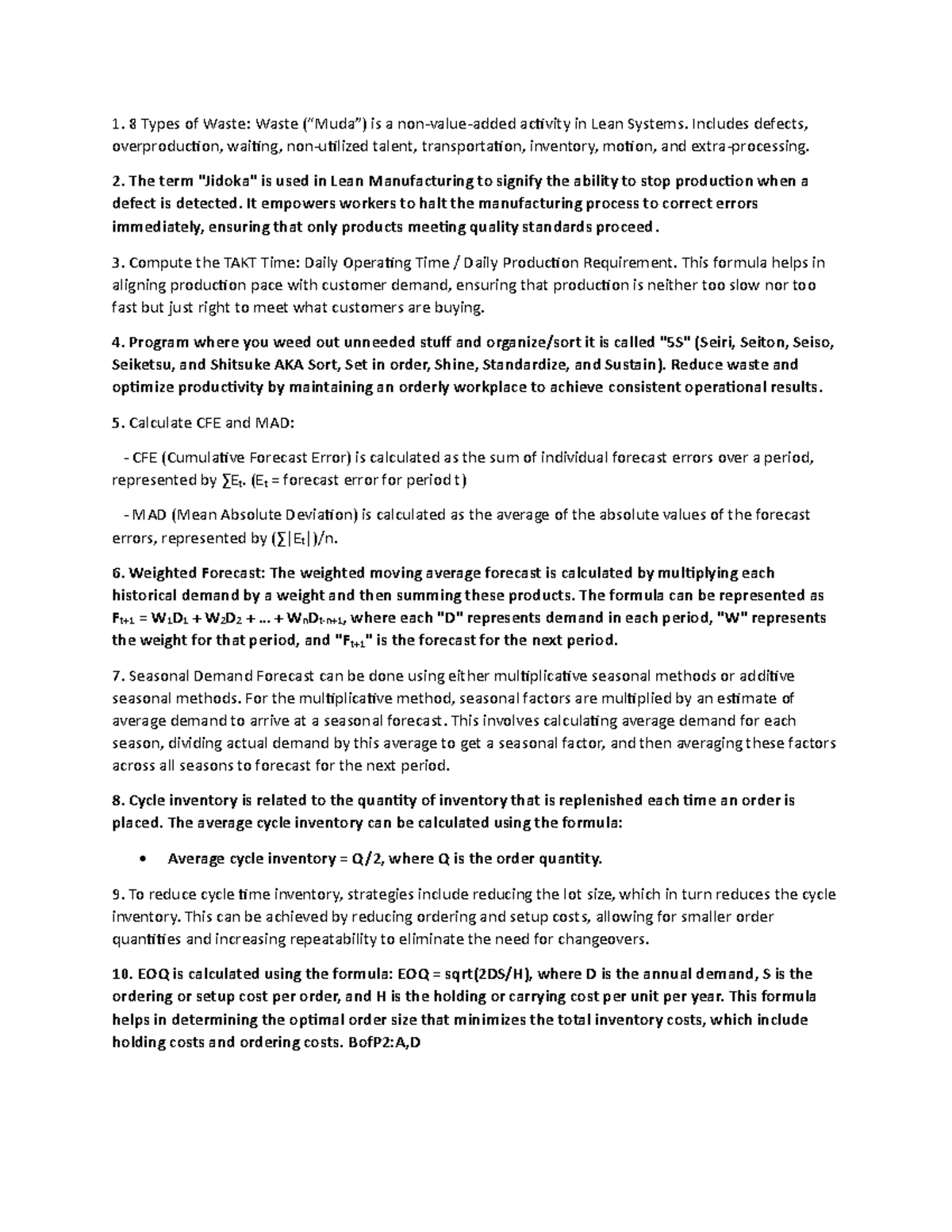 BA 357 - Quiz 3 Notes - 8 Types of Waste: Waste (“Muda”) is a non-value ...