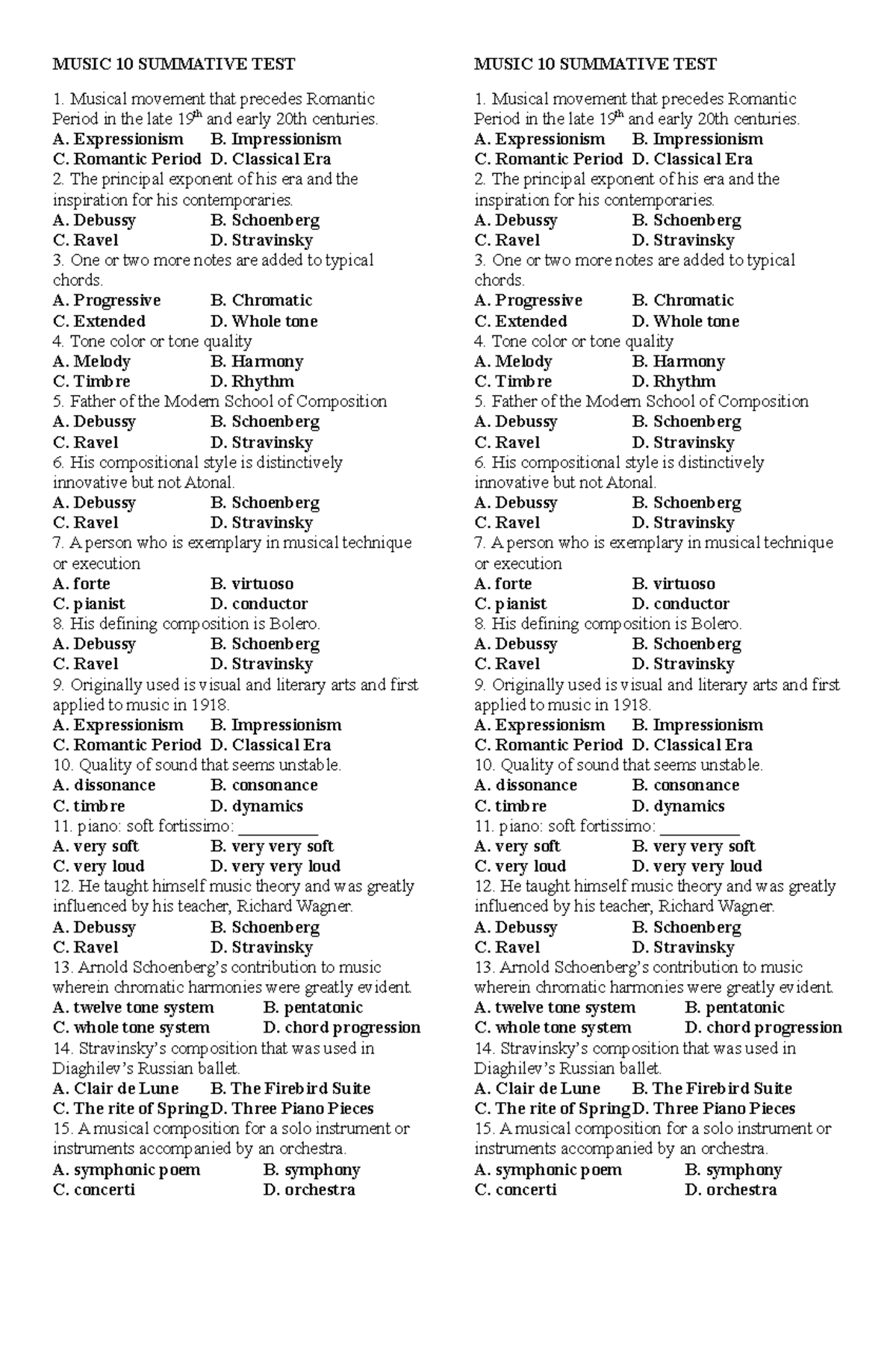 Music 10 Summative TEST - MUSIC 10 SUMMATIVE TEST Musical movement that ...