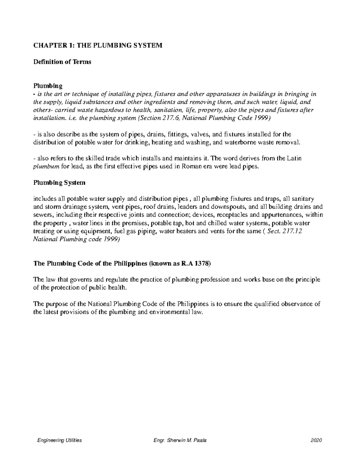 1.1 The Plumbing System - CHAPTER 1: THE PLUMBING SYSTEM Definition of ...