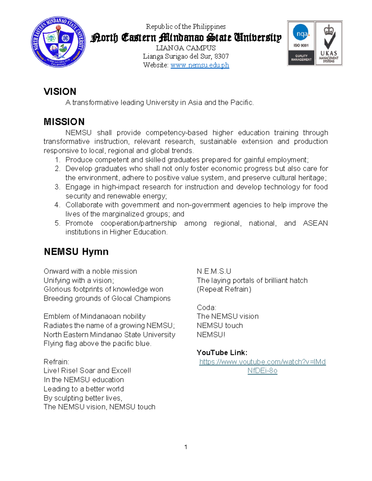 Vision Mission Nemsu HYMN Bagong Pilipinas HYMN - Republic of the ...