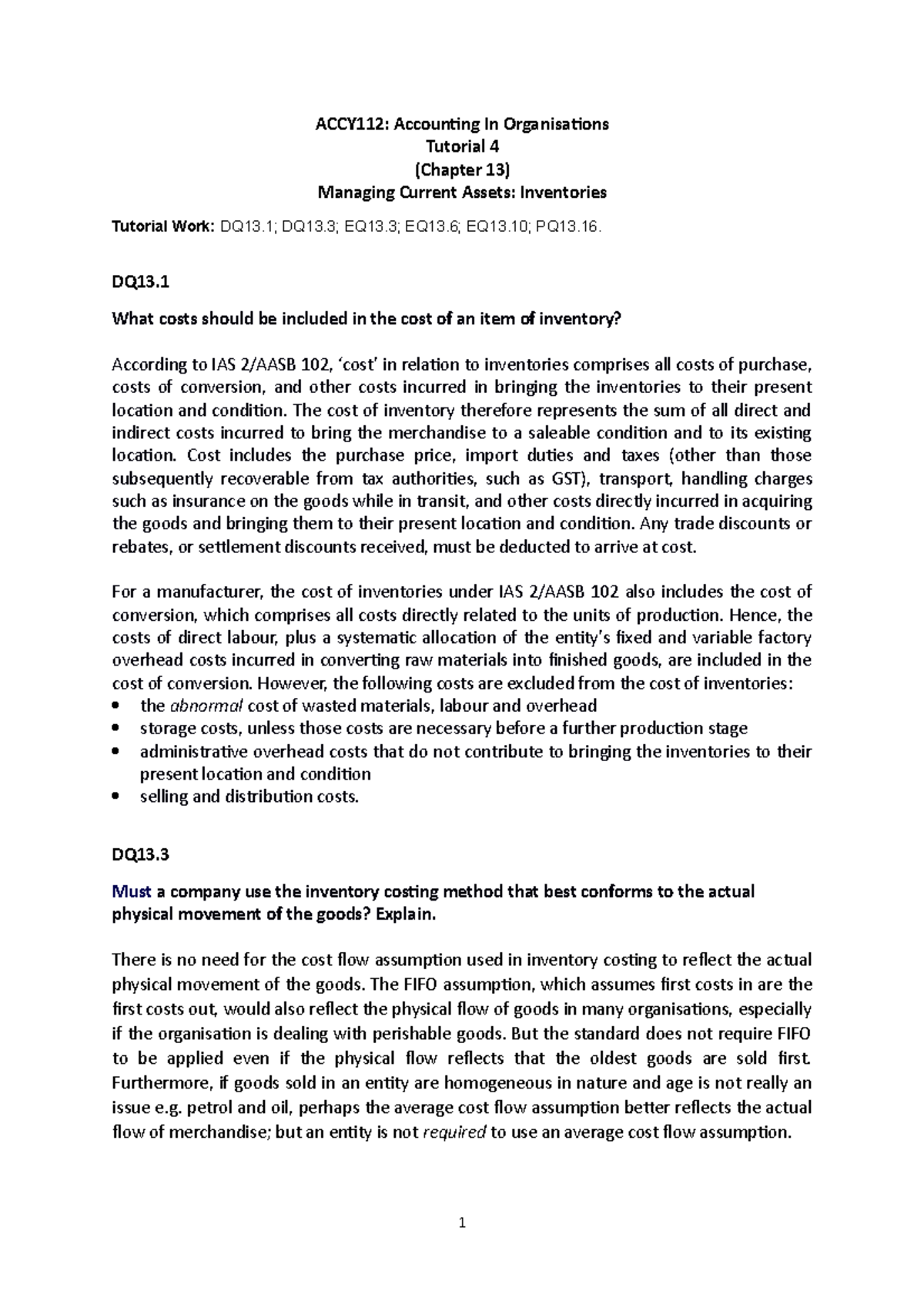 Tutorial 4 Tutor - ACCY112: Accounting In Organisations Tutorial 4 ...