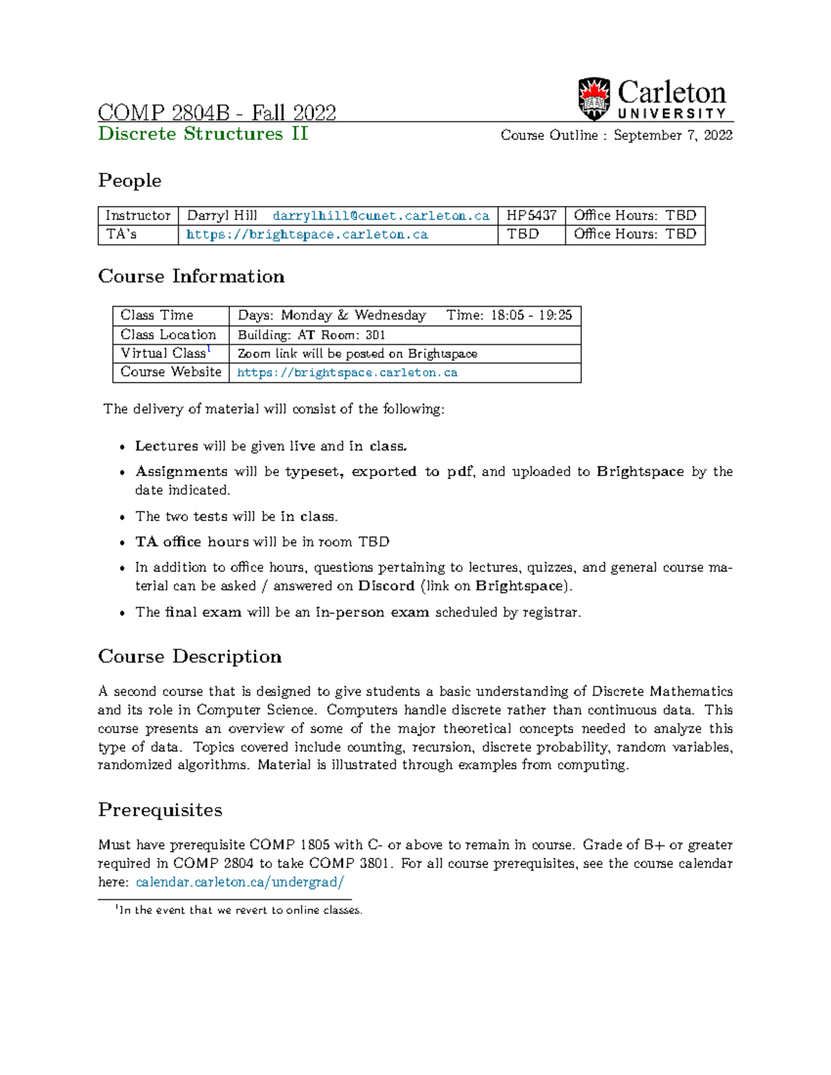 F22-2804B-Outline - Sylabus - COMP 2804B - Fall 2022 Discrete Structures II Course Outline ...