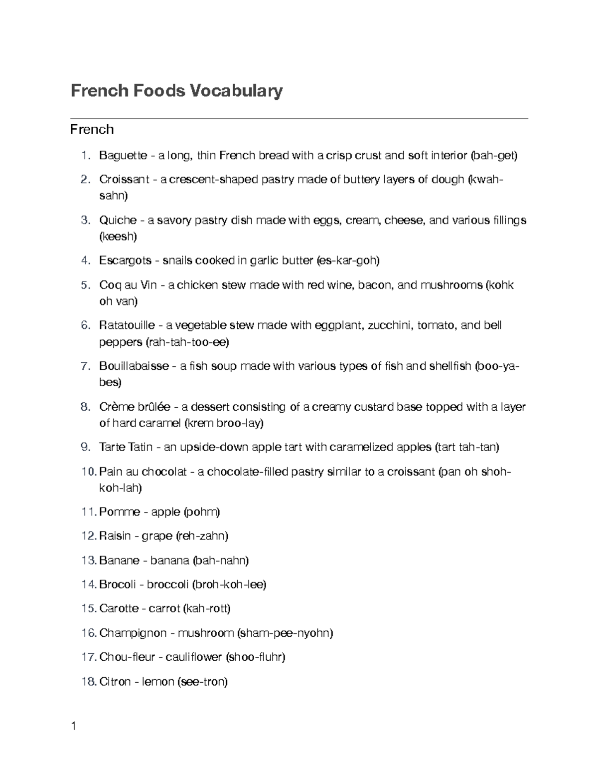 French Foods Vocabulary - French Foods Vocabulary French Baguette - a ...