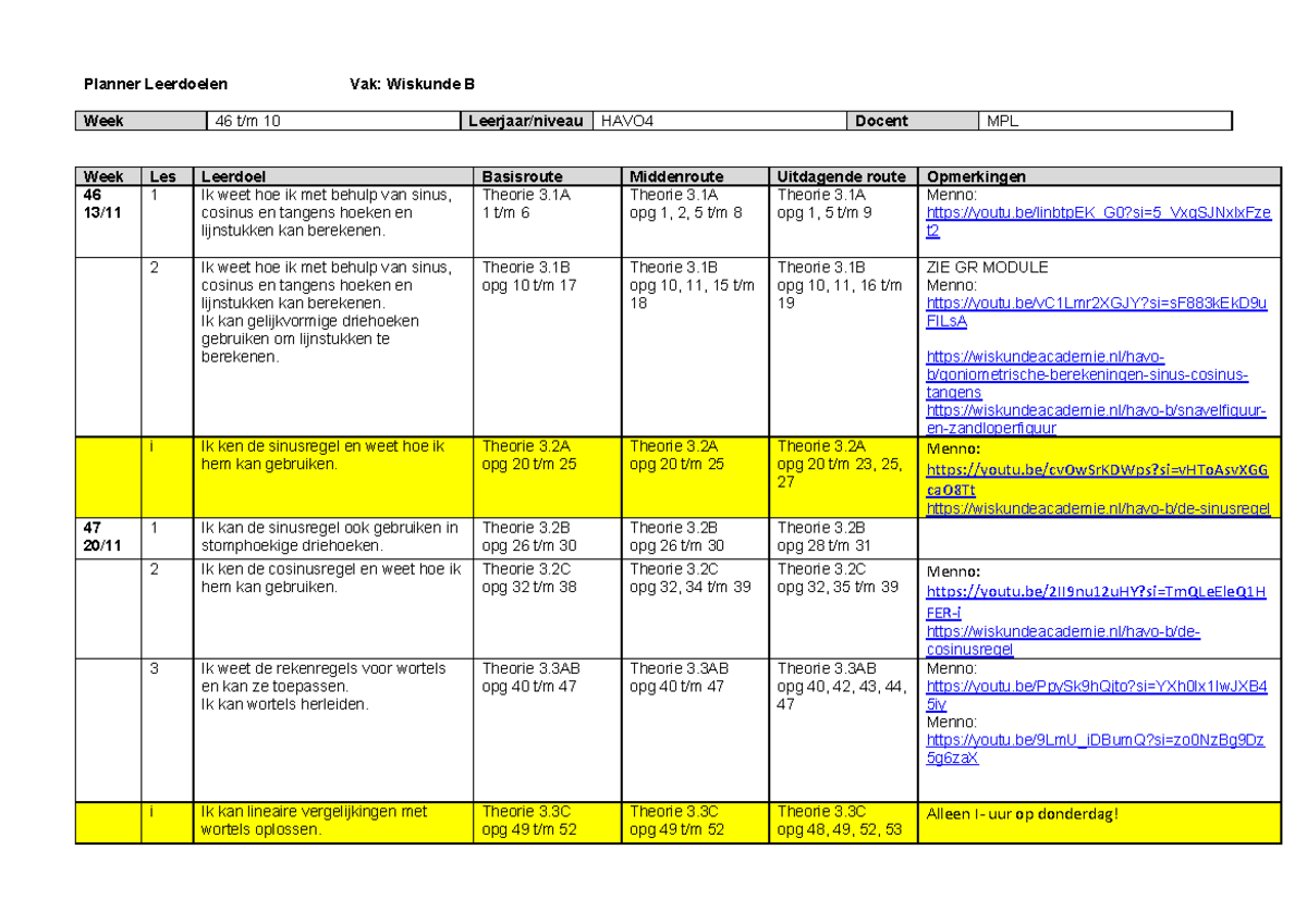 LD 23-2 H4B 2023-2024 - Planner Leerdoelen Vak: Wiskunde B Week 46 t/m ...