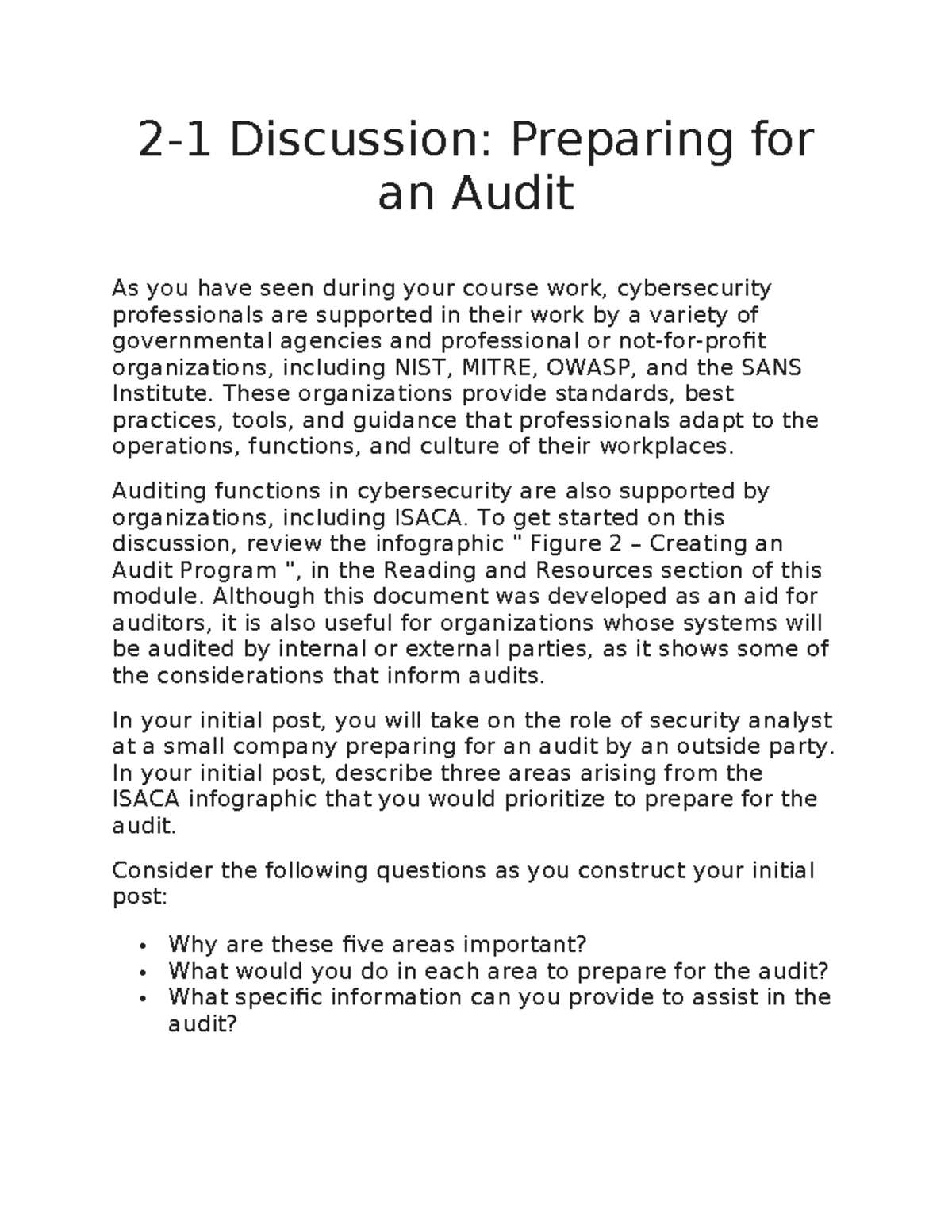 2-1 Discussion- Preparing for an Audit - 2-1 Discussion: Preparing for ...