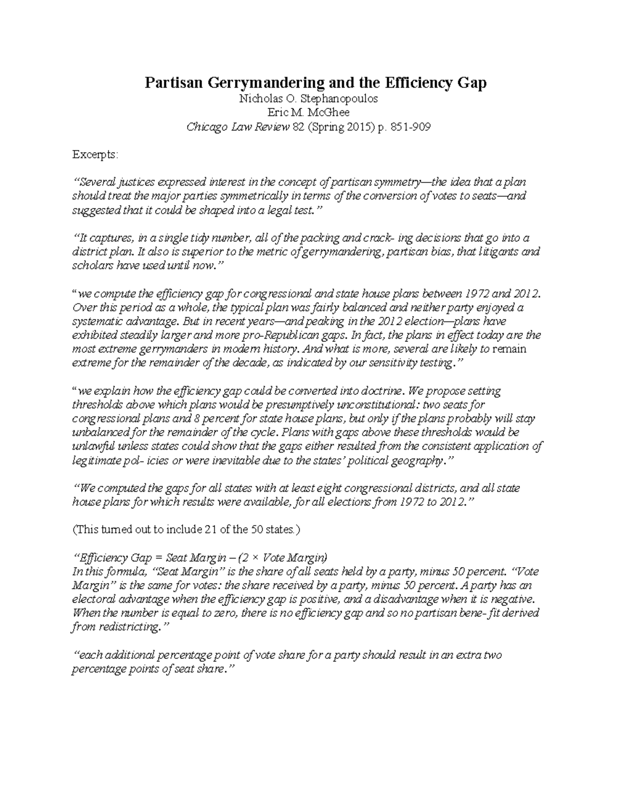 Voting 2 EG paper excerpts - Partisan Gerrymandering and the Efficiency ...