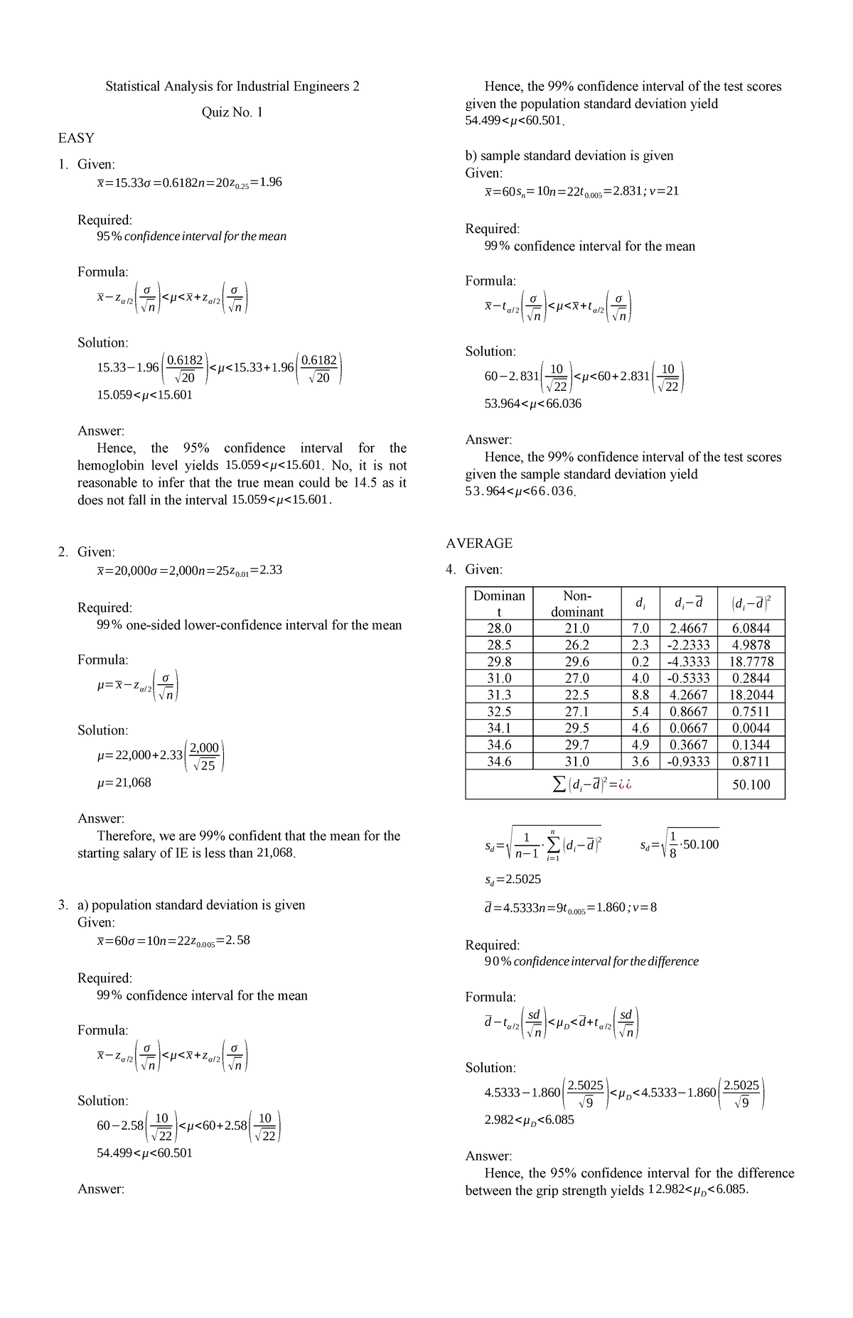Statistical Analysis for Industrial Engineers 2 - 1 EASY Given: x=15σ ...