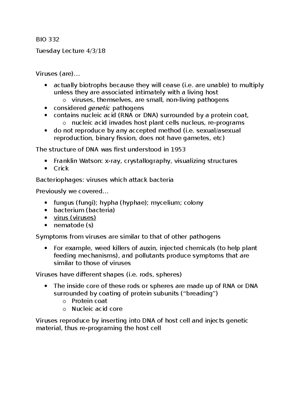 BIO 332 Tu Lecture April 3 2018 - BIO 332 Tuesday Lecture 4/3/ Viruses ...