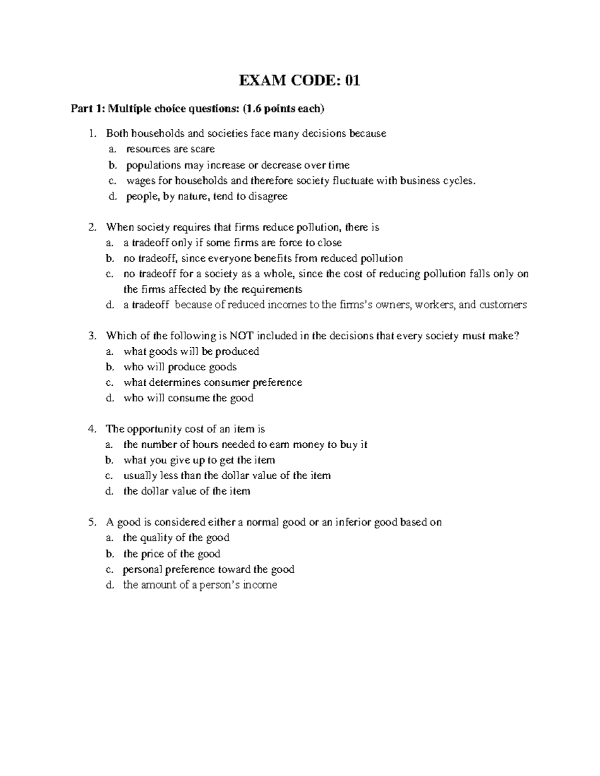 Exam question 1 BE - bbb - EXAM CODE: 01 Part 1: Multiple choice ...