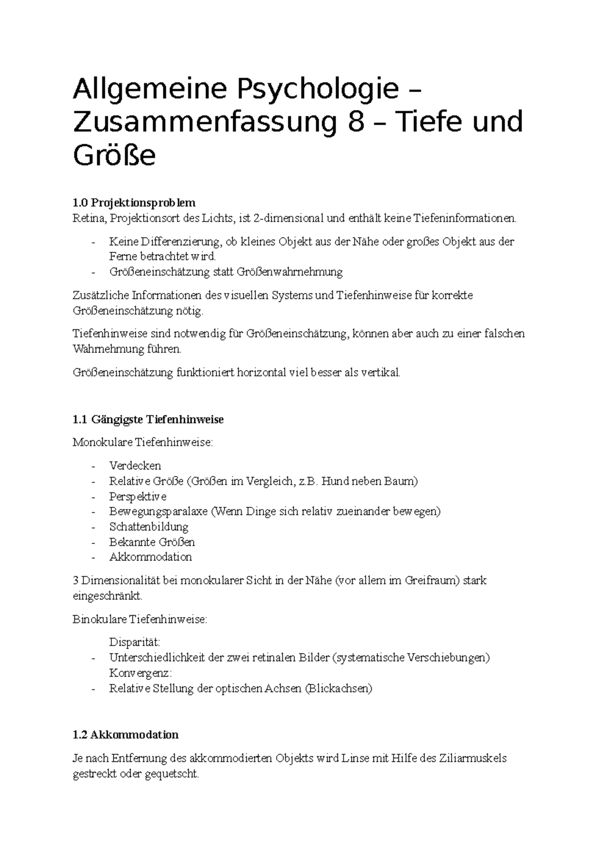 6. Zusammenfassung 8 Allgemeine Psychologie - Allgemeine Psychologie – Zusammenfassung 8 – Tiefe ...