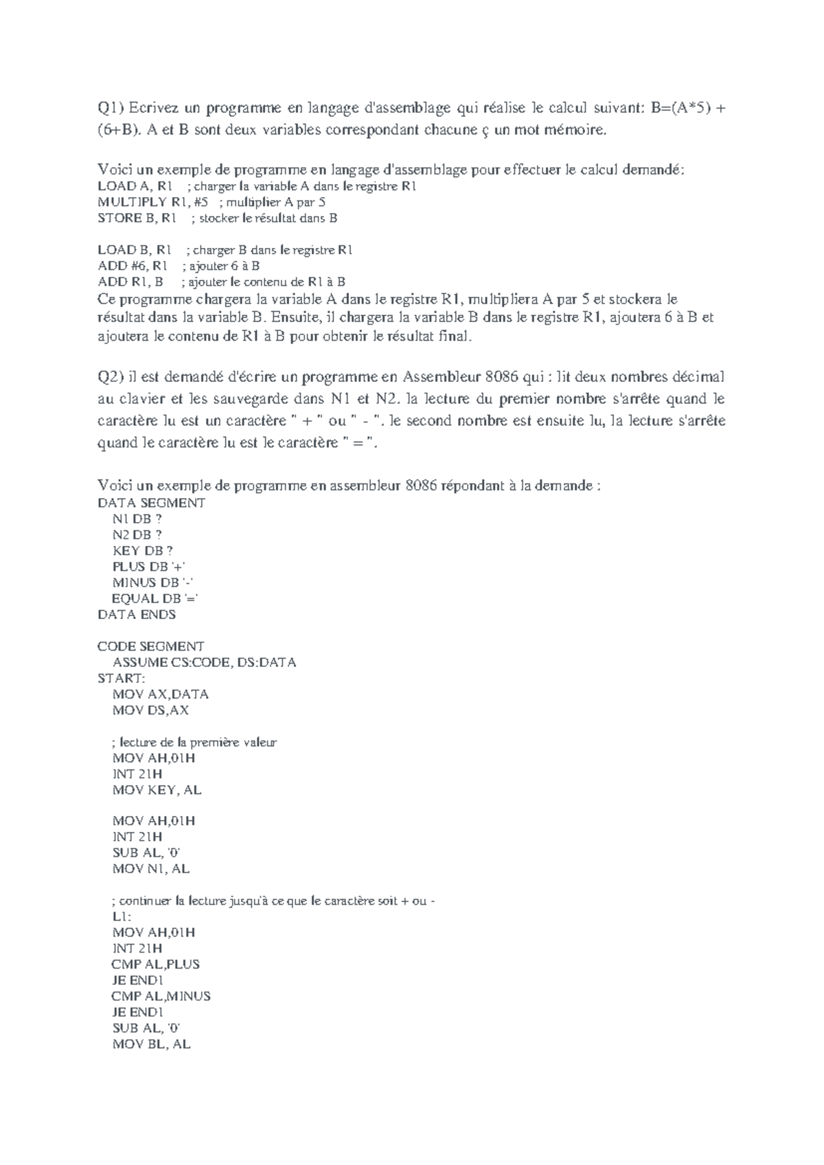 TP Structure - Q1) Ecrivez un programme en langage d'assemblage qui réalise le calcul suivant ...