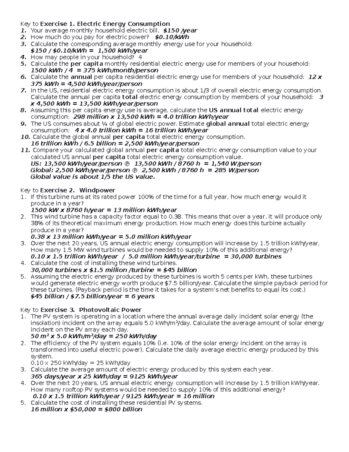Electric power worksheet Key - Key to Exercise 1. Electric Energy ...