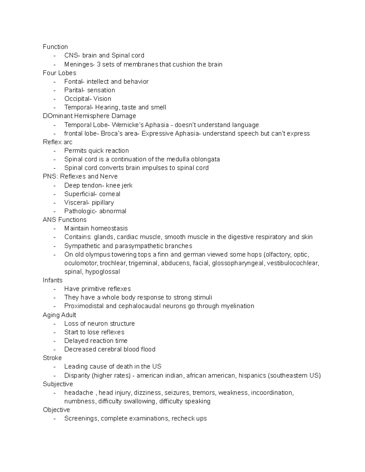 Neuro - Notes made from power point and lecture - Function - CNS- brain ...
