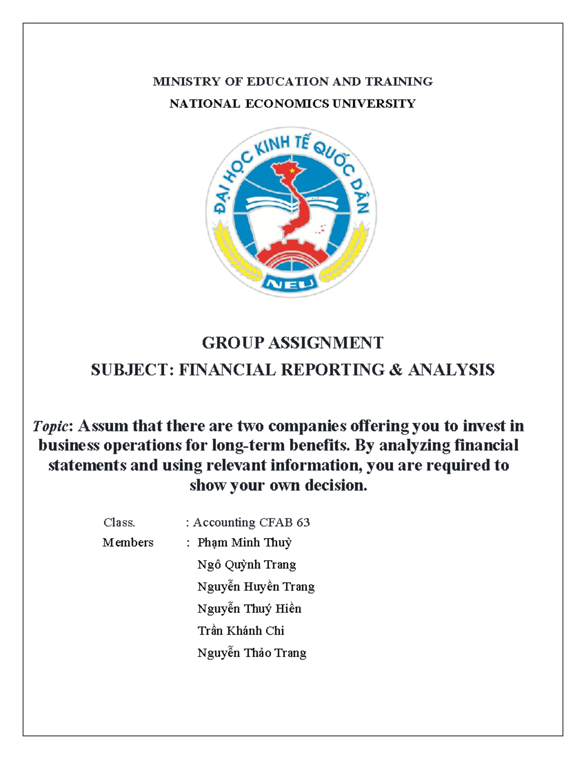 Group Assignment - MINISTRY OF EDUCATION AND TRAINING NATIONAL ...