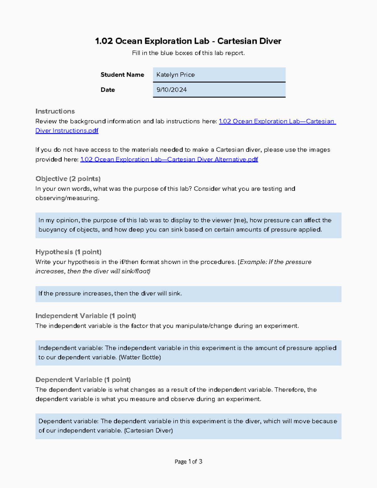FLVS Marine Science 1.02 Pressure Lab - 1 Ocean Exploration Lab ...