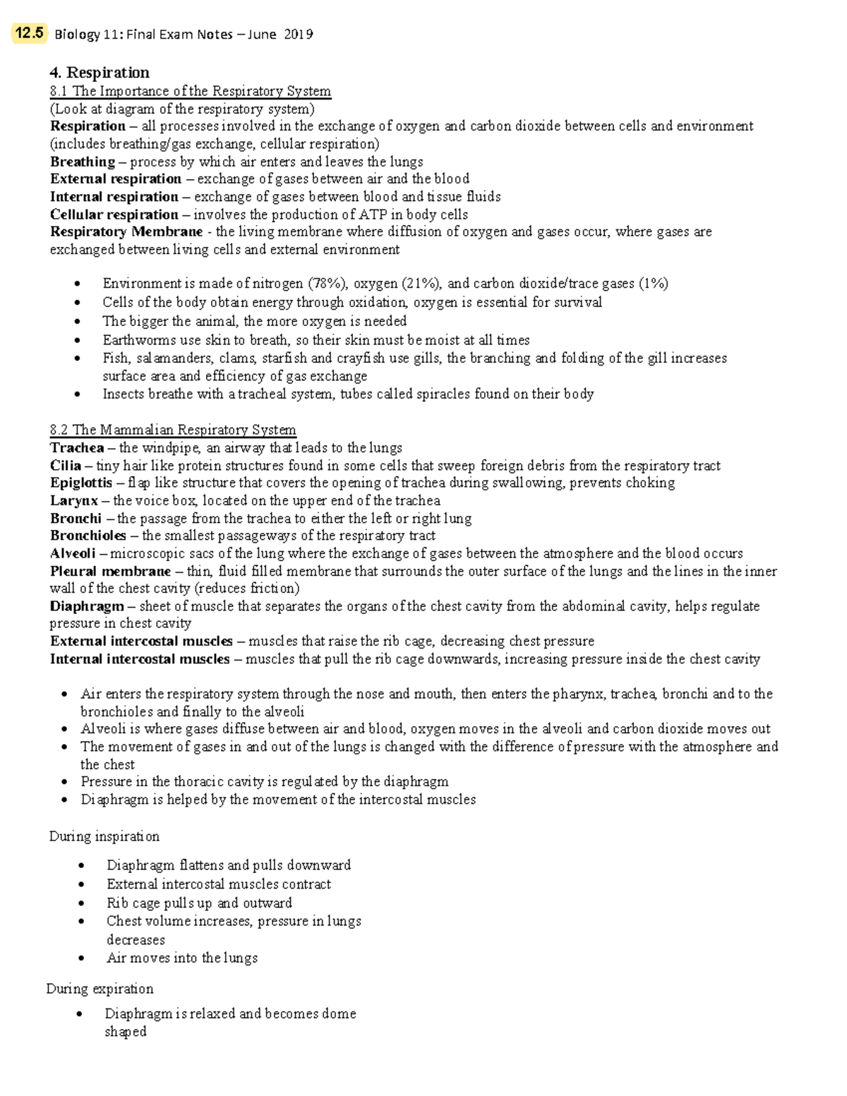 Biology 11 Respiration Notes (Animals: Structure and Function ...