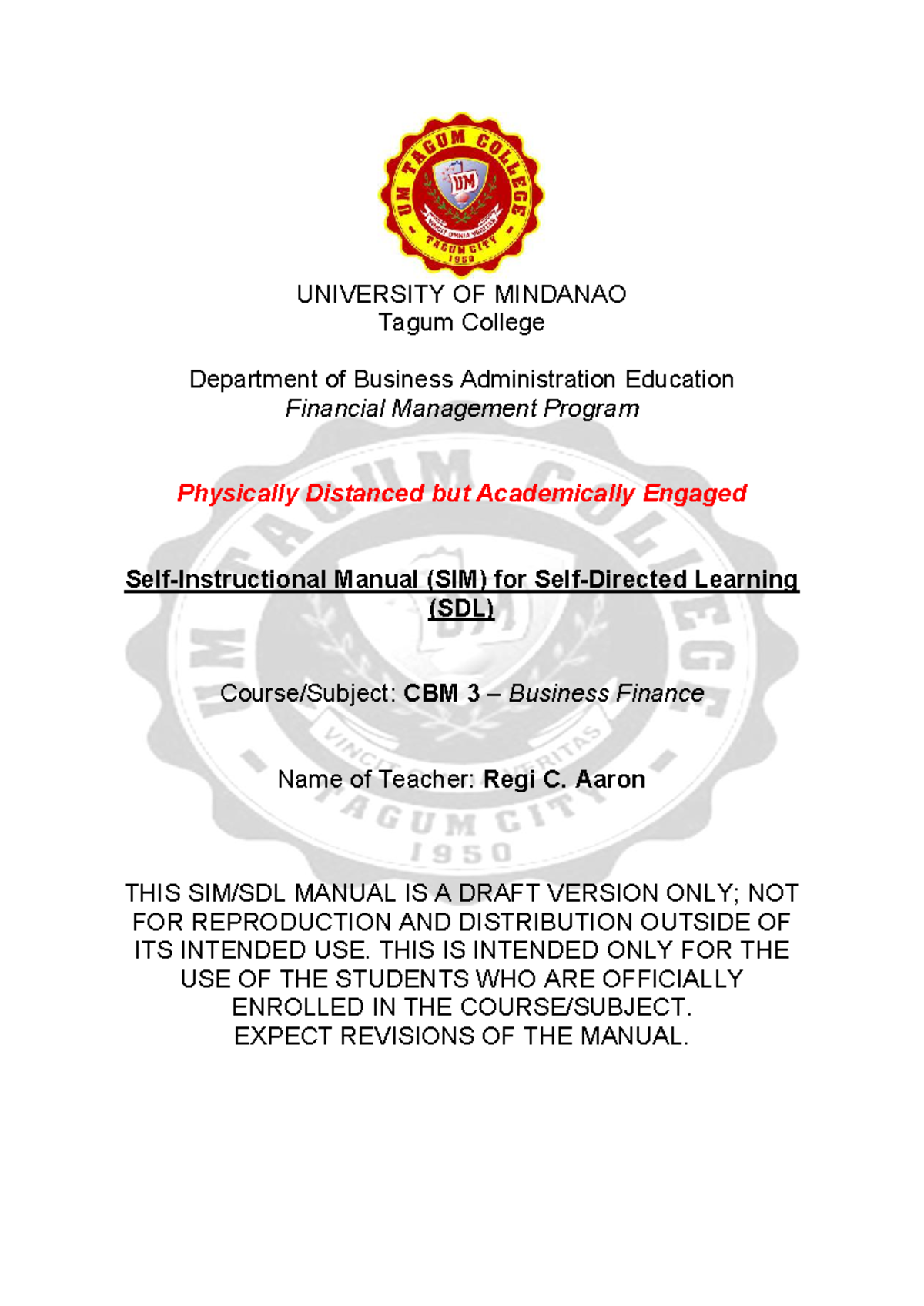 CBM-3 - THANK YOUUUU - UNIVERSITY OF MINDANAO Tagum College Department ...