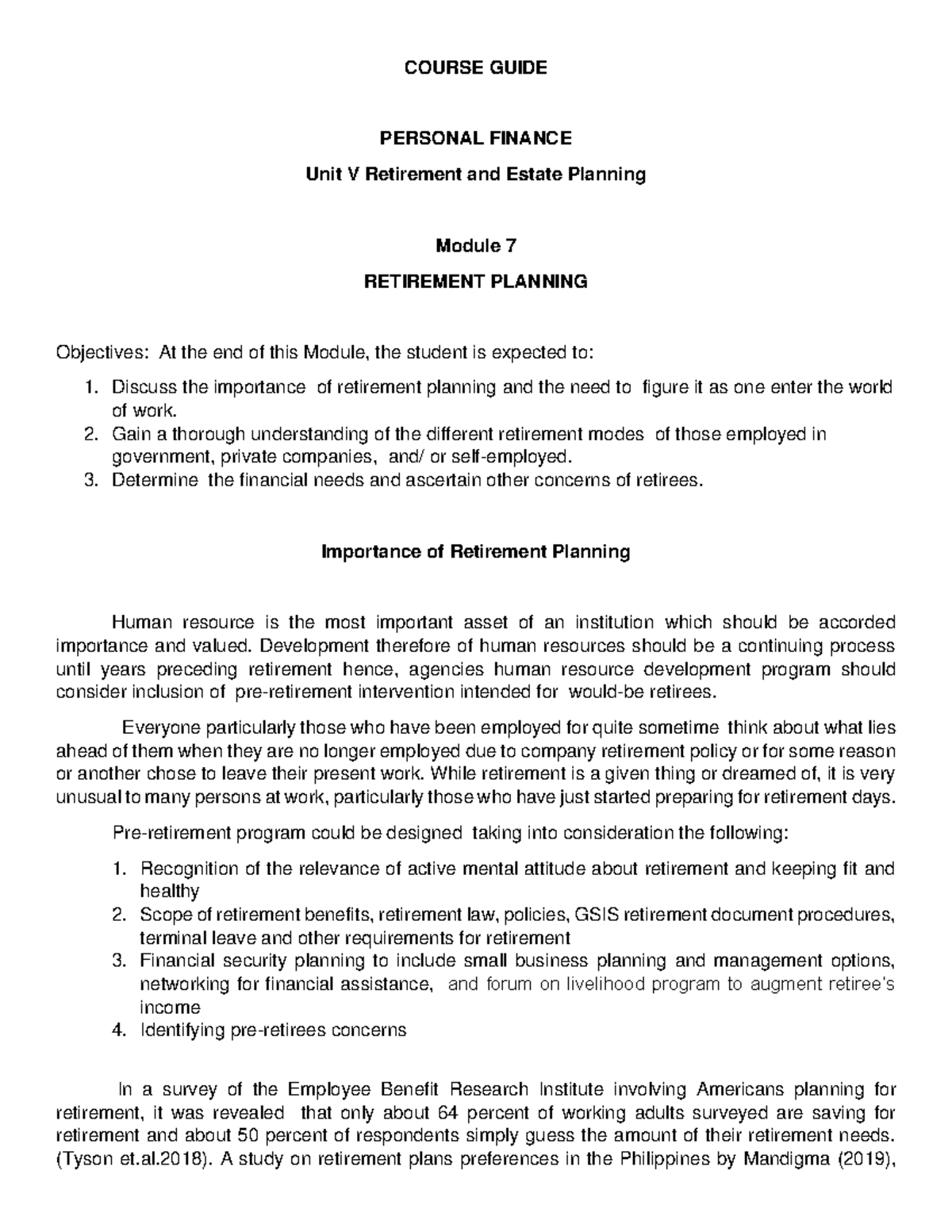 Retirement Plan - COURSE GUIDE PERSONAL FINANCE Unit V Retirement and ...