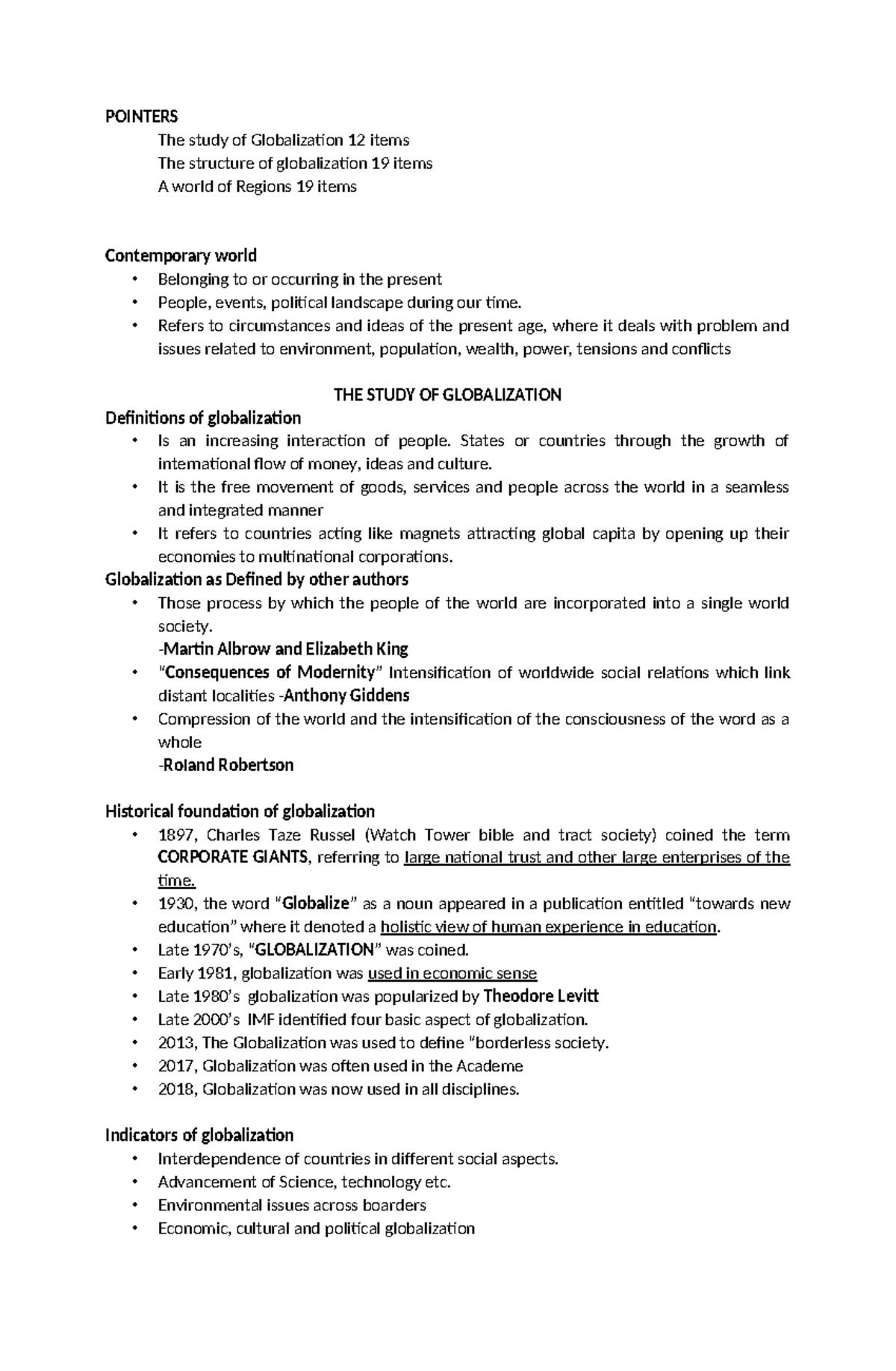 Handouts 4 - POINTERS The study of Globalization 12 items The structure ...