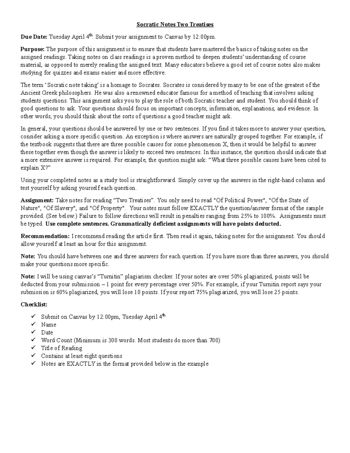 Socratic Notes Two Treatises - Submit your assignment to Canvas by 12 ...