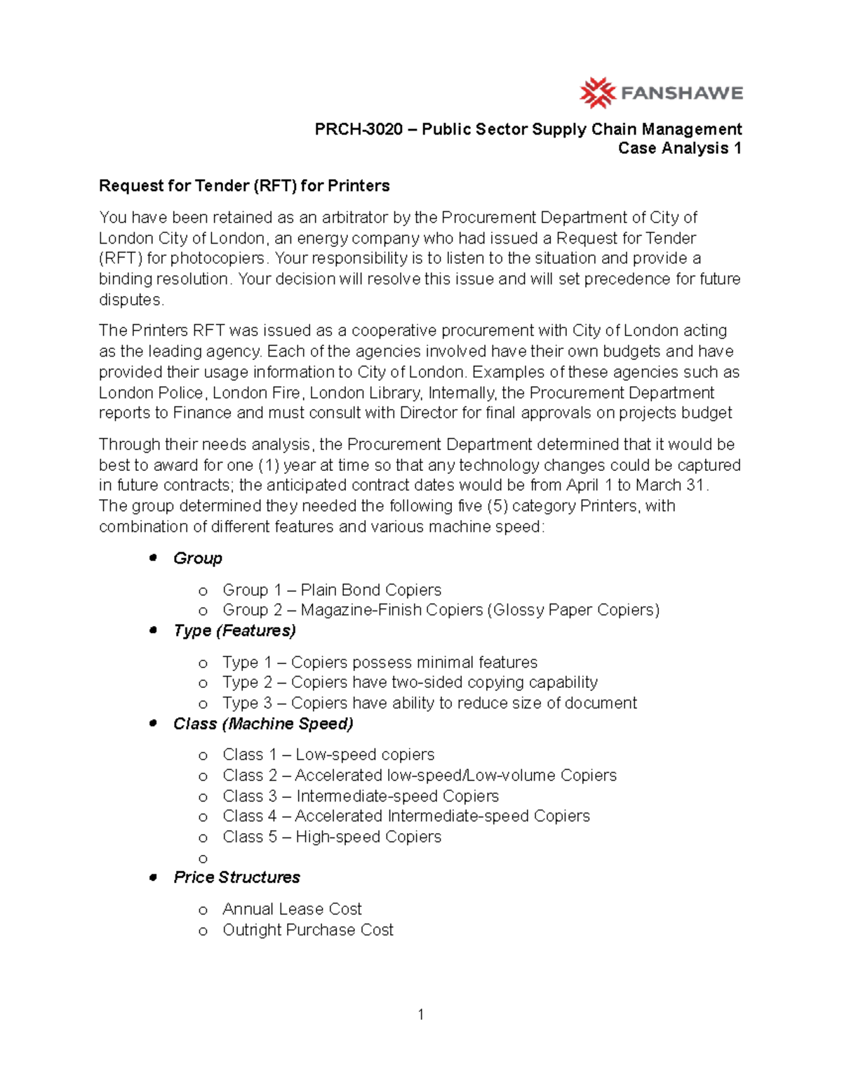 Case Analysis 1 Request for Tender for Printers - Case Analysis 1 ...