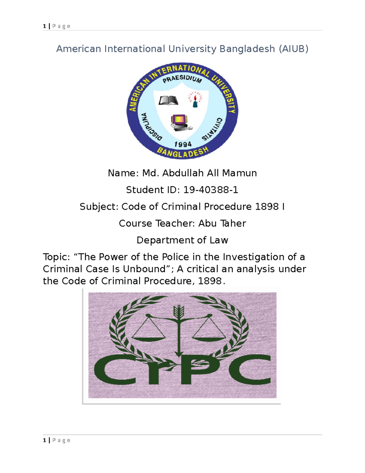 Cr PC I Final assignment - American International University Bangladesh ...