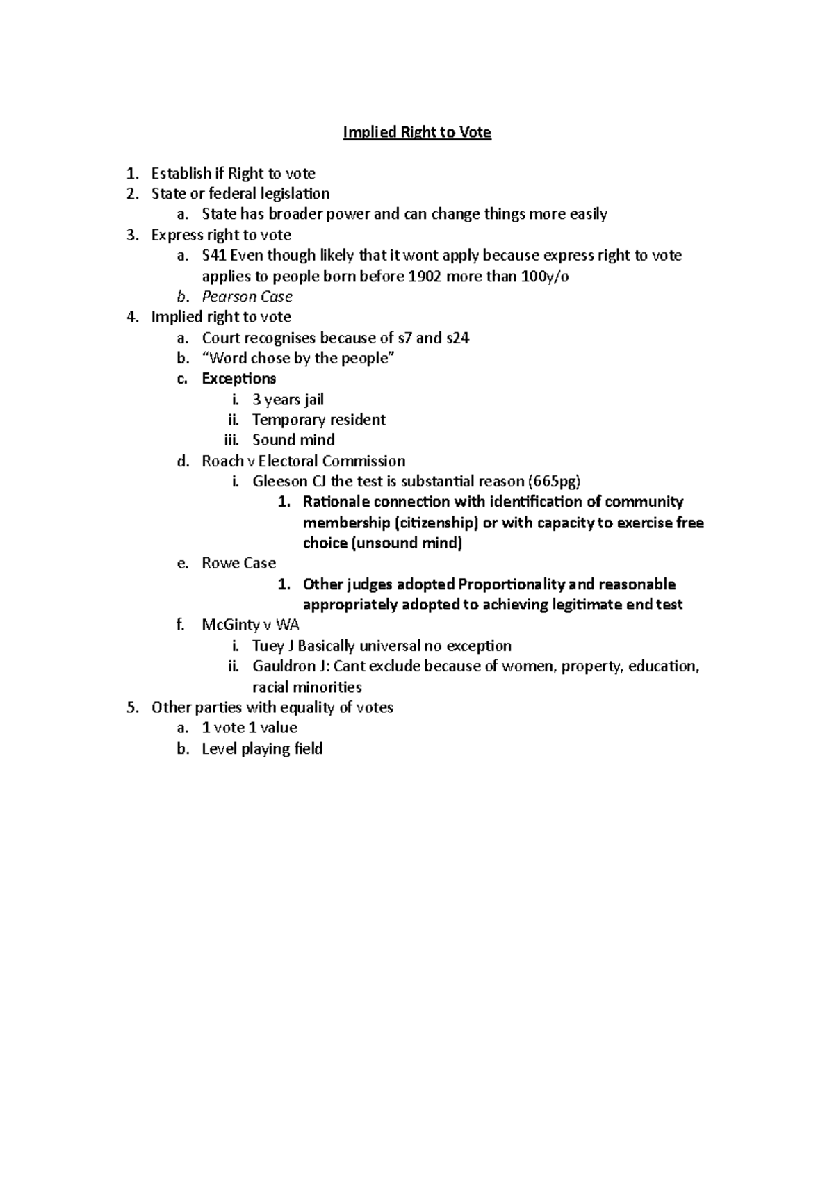 Implied Right to Vote - Establish if Right to vote 2. State or federal ...