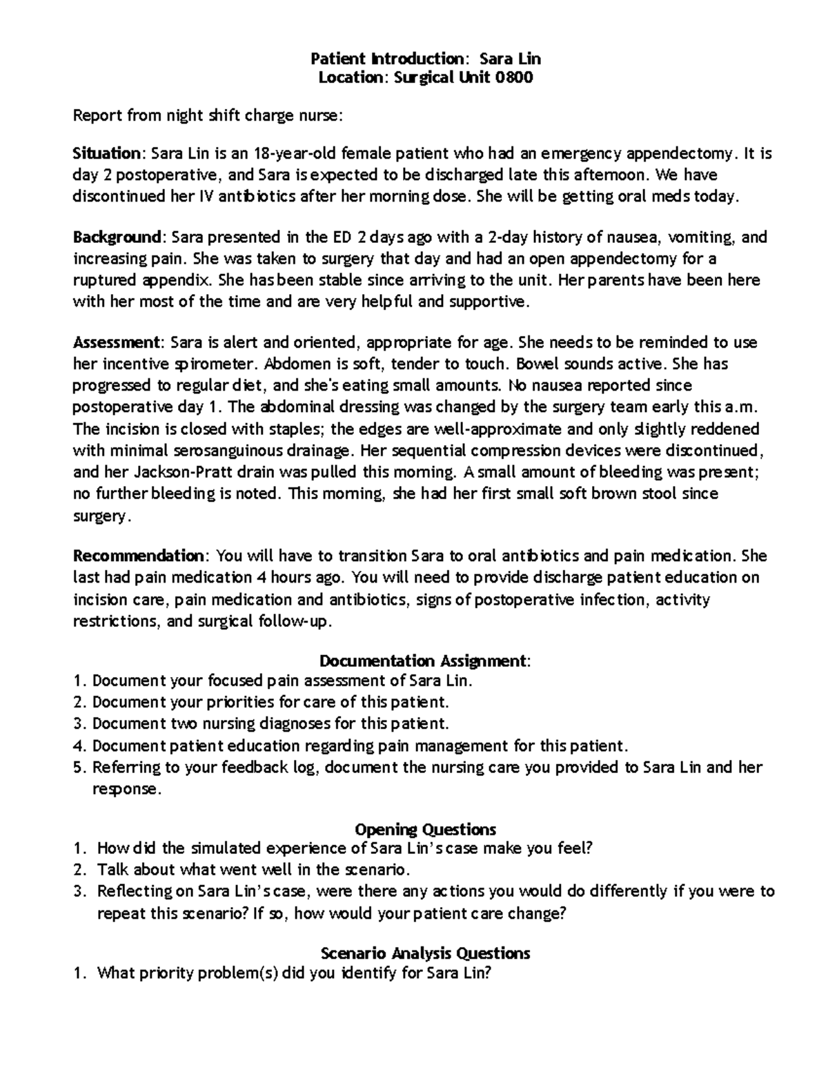 Sara Lin - Simulation assignment for Sara Lin - Patient Introduction ...